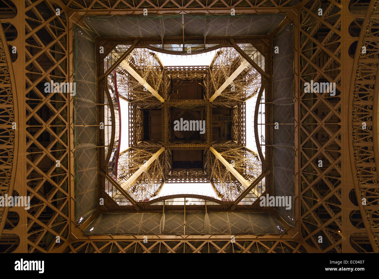 Details of the iron structure look up through the Eiffel Tower. Paris ...