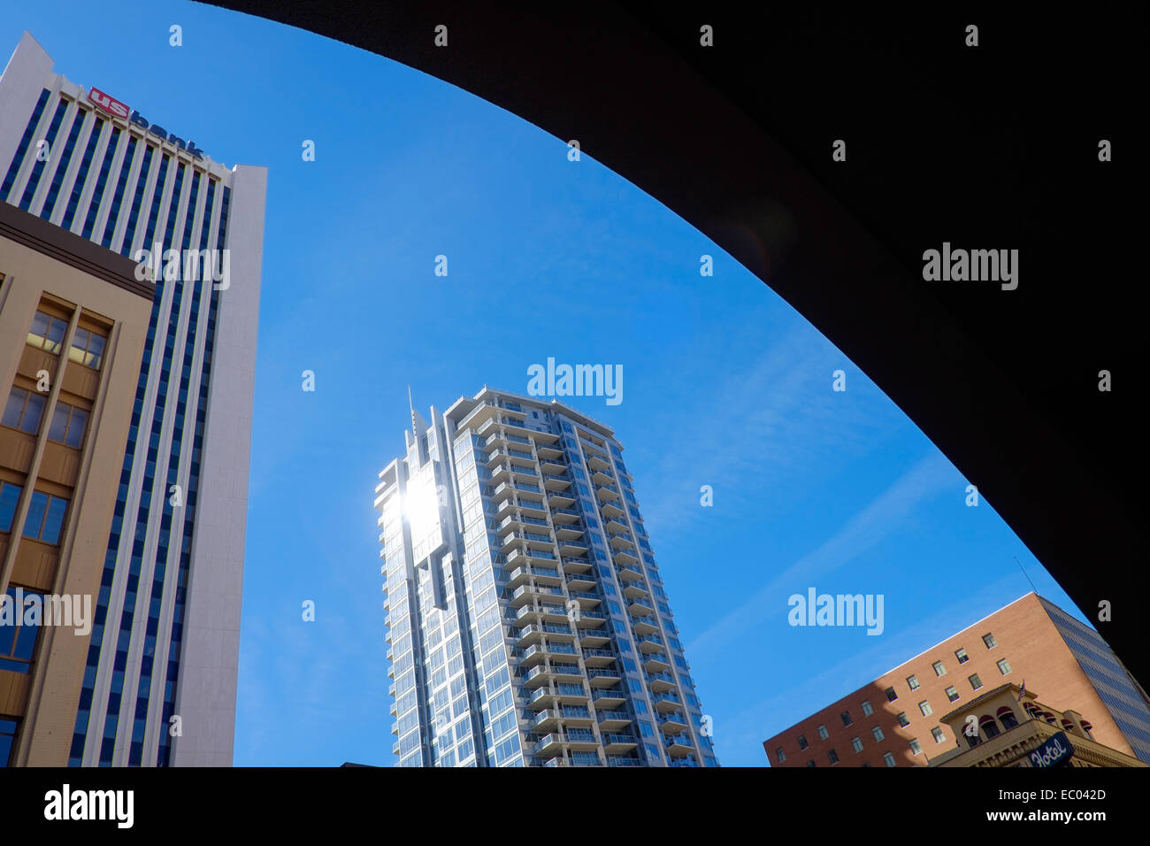 Skyscrapers viewed from under an arch in Phoenix, Arizona, USA Stock ...