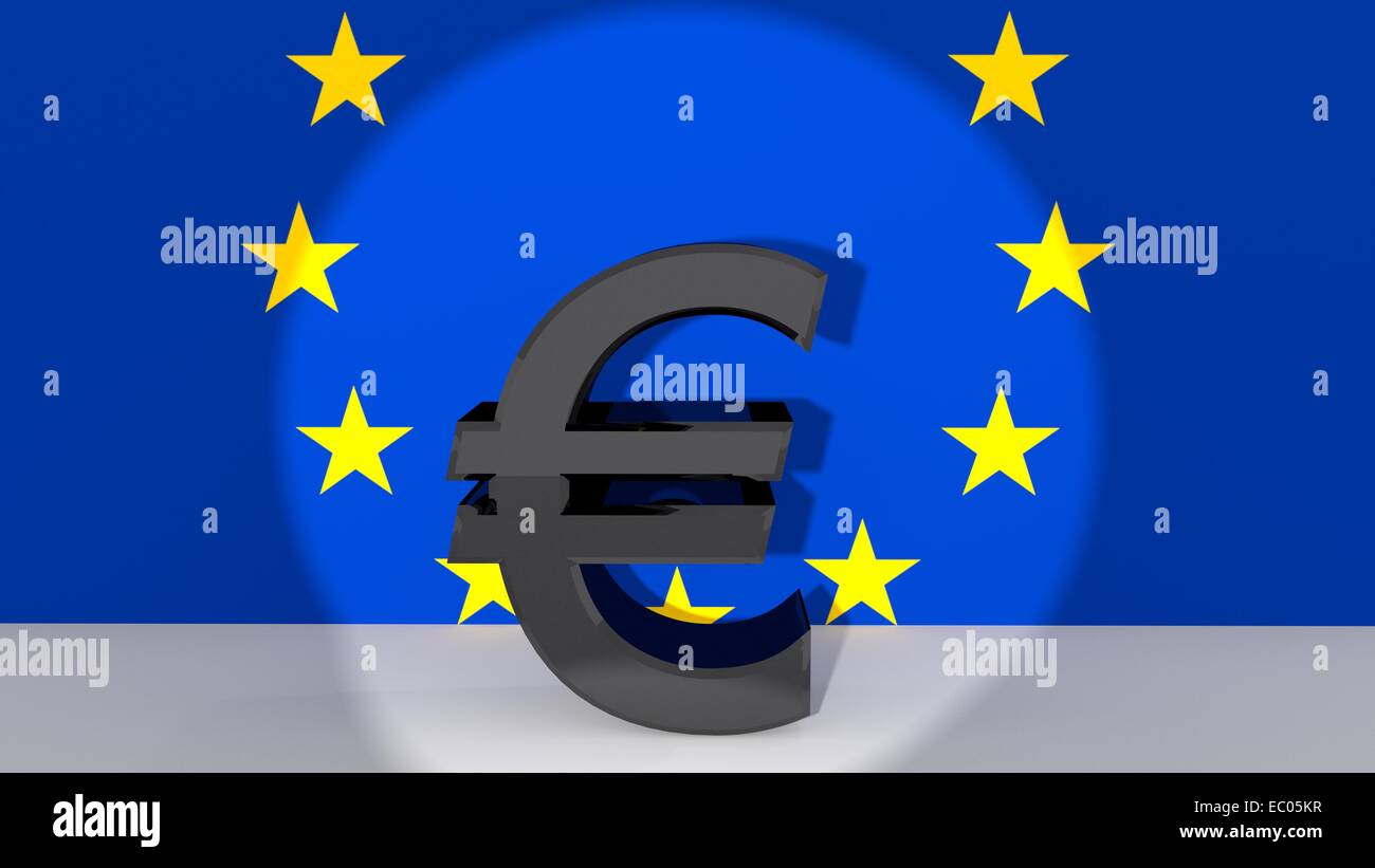Currency symbol Euro made of dark metal in spotlight in front of ...