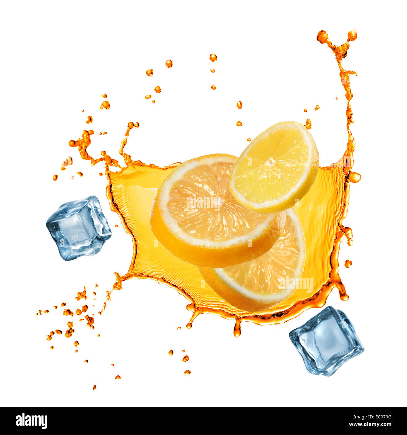 flying slices of orange and lemon in juice splash isolated on white ...