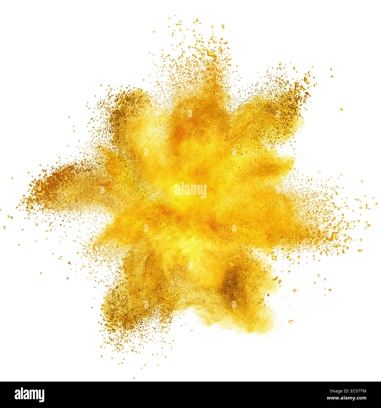 Yellow powder explosion isolated on white background Stock Photo - Alamy