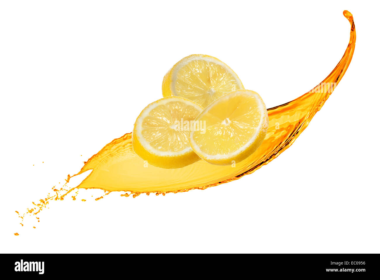 Falling slices of lemon with juice splash isolated on white Stock Photo - Alamy