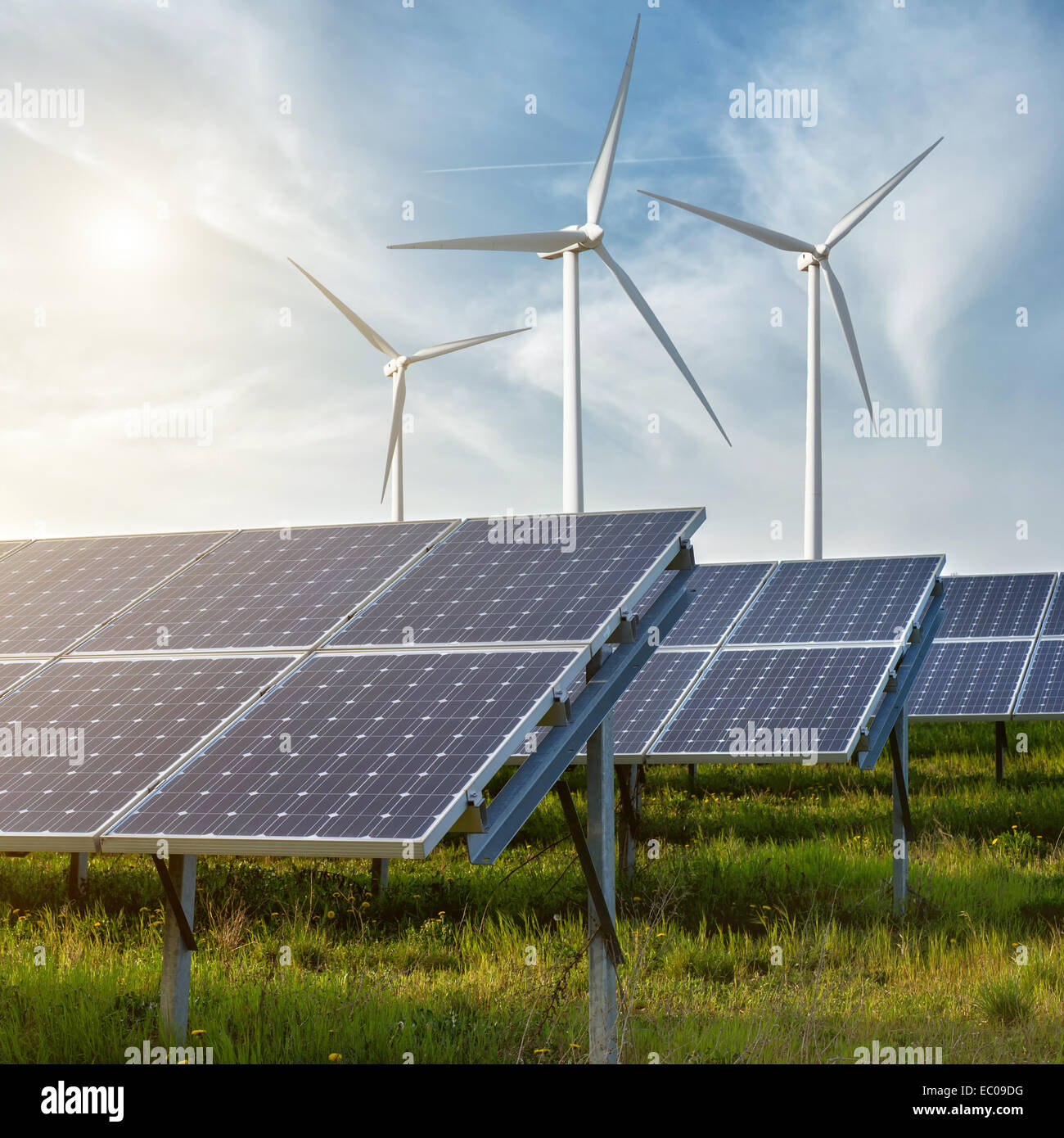 solar panels under blue sky Stock Photo - Alamy