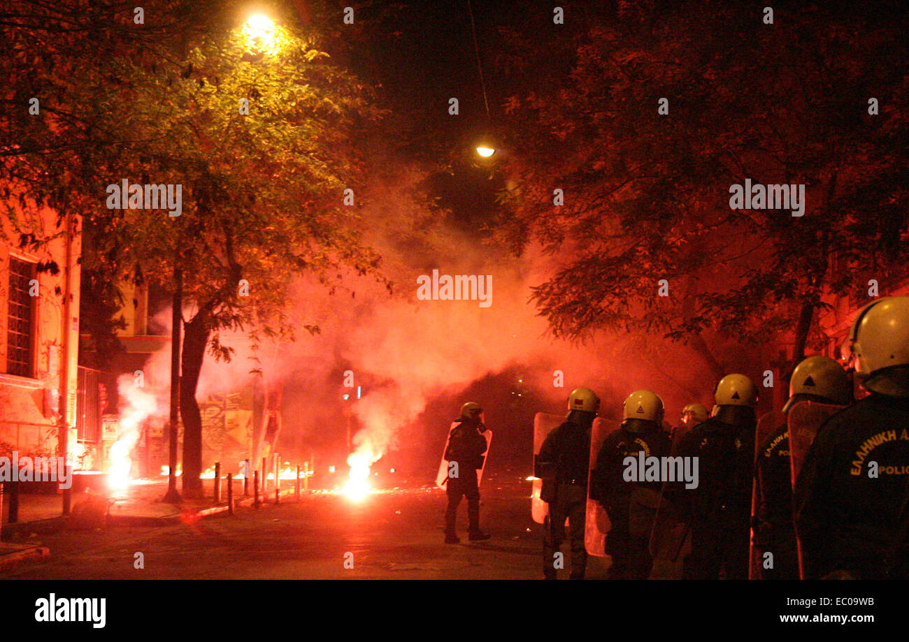 Athens, Greece. 6th Dec, 2014. Riot police are seen during clashes in ...