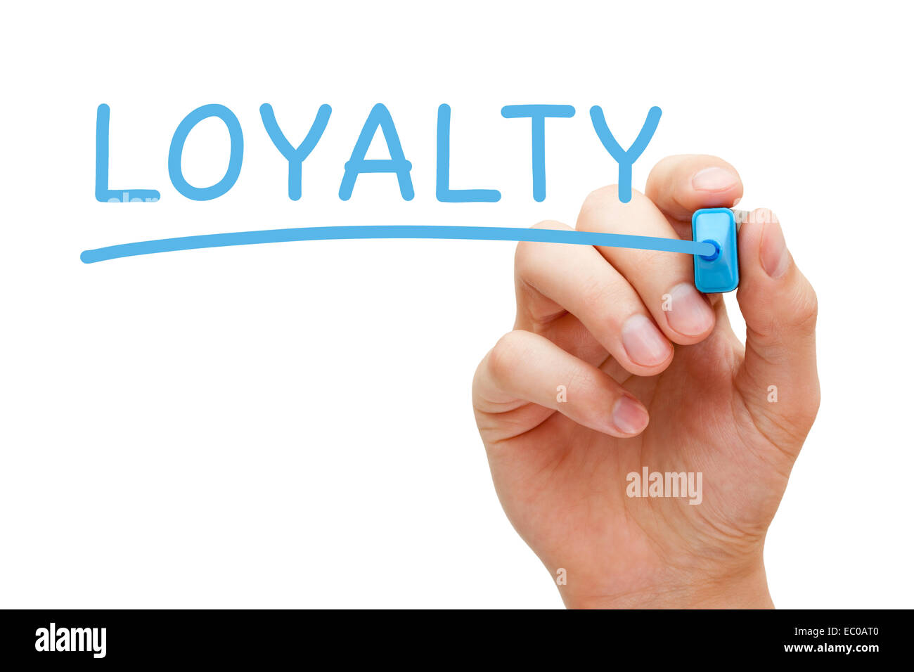 Hand writing Loyalty with blue marker on transparent wipe board Stock ...