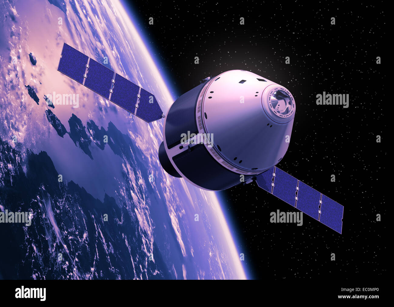 Crew Exploration Vehicle Orbiting Earth. 3D Scene Stock Photo - Alamy