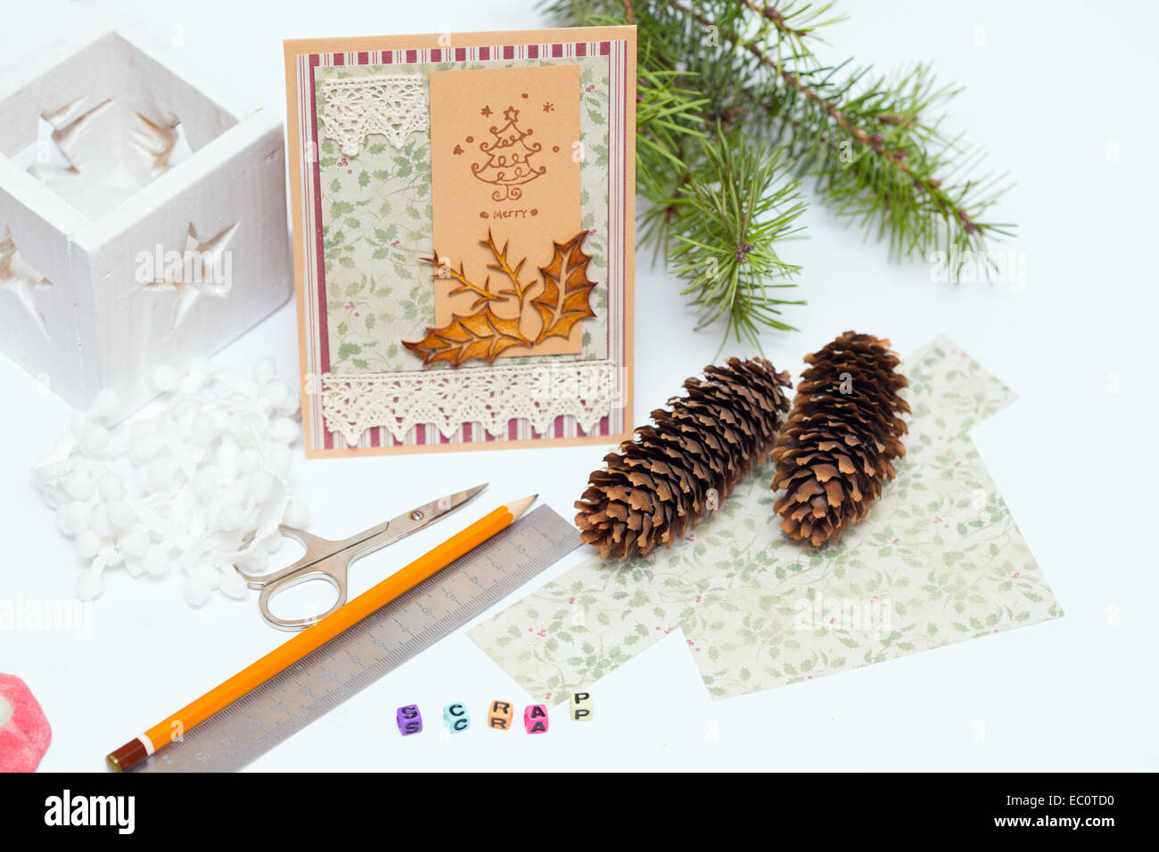 scrapbook background. christmas card and tools with decoration Stock ...