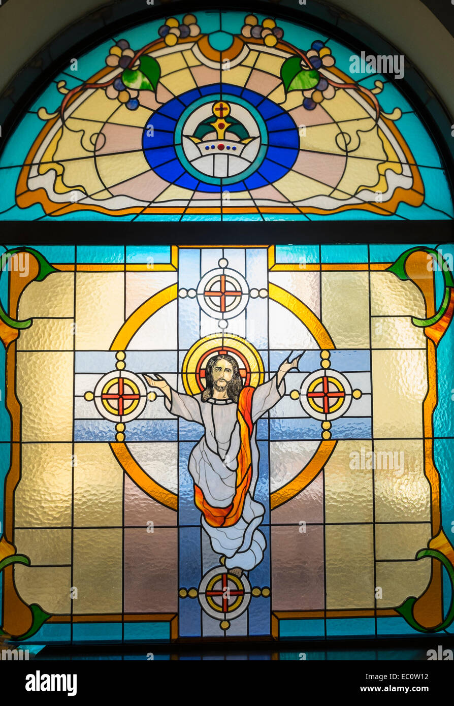 Stained glass window in Mor Ignatius Jacobite Syrian Orthodox Church at ...