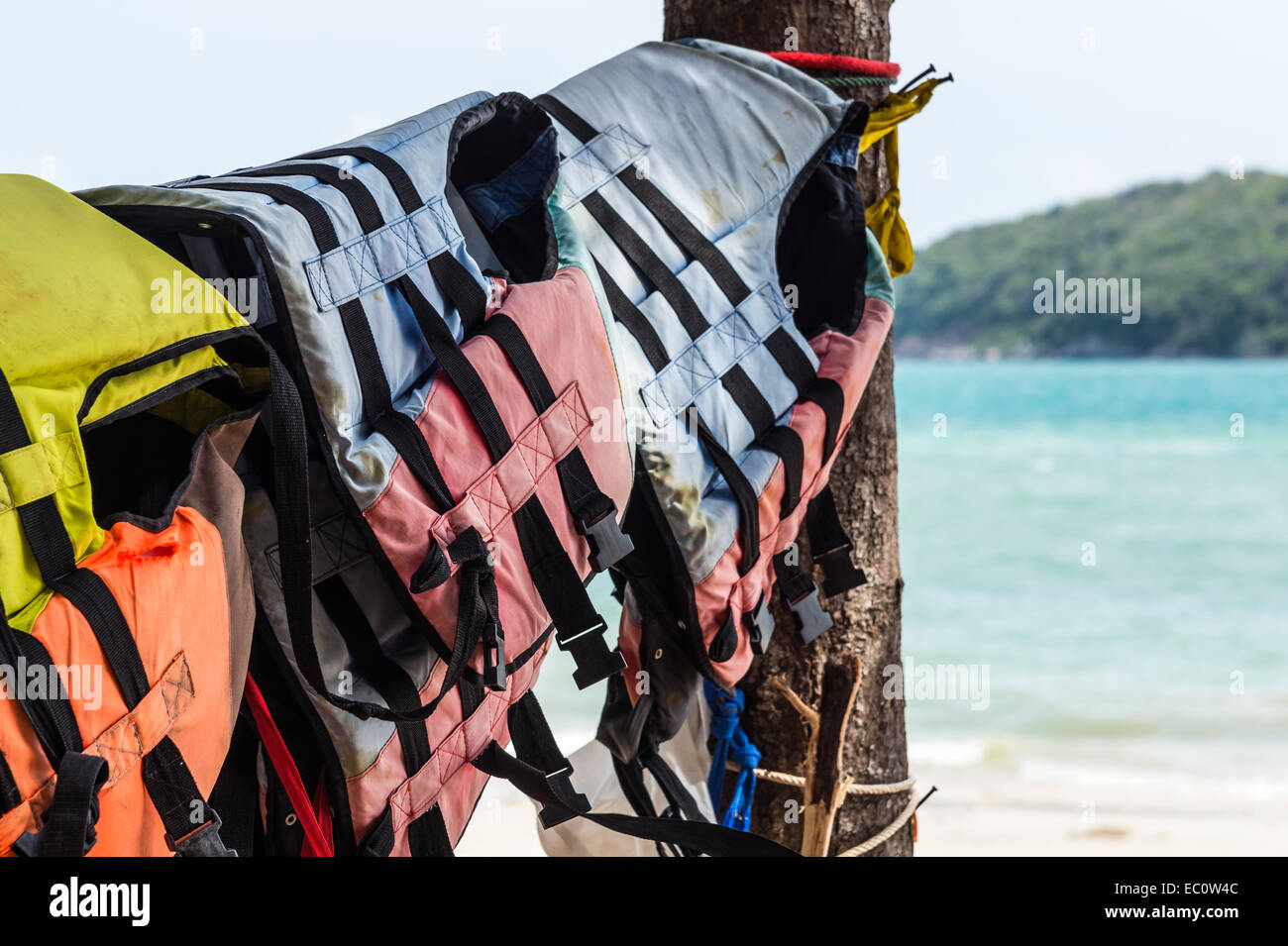 Colorful life jacket is hang near the sea Stock Photo - Alamy