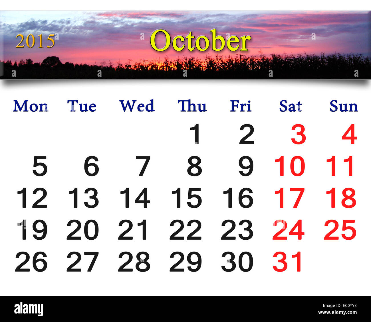 calendar for October of 2015 with the ribbon of moss and leaves Stock ...