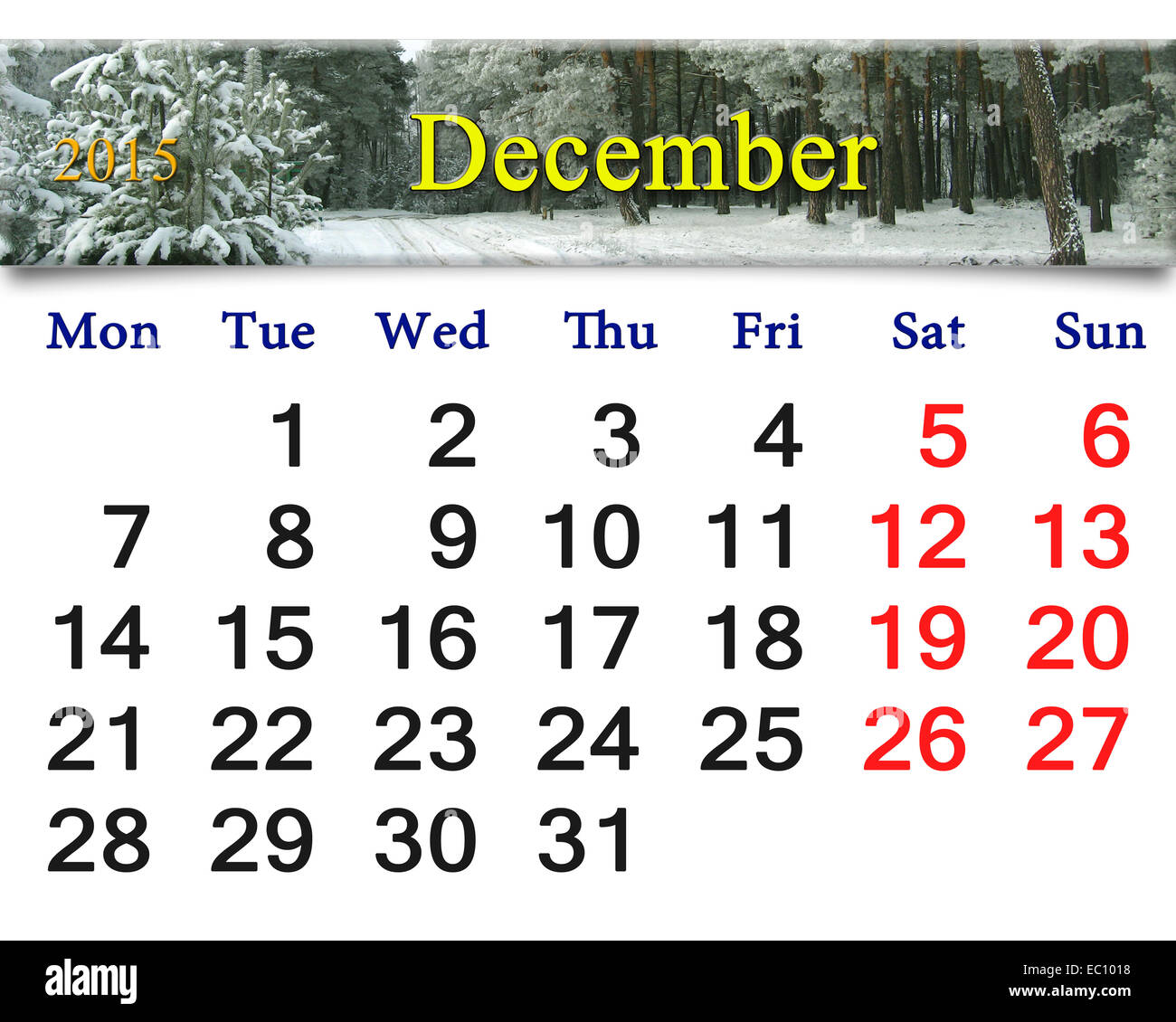 December 2015 calendar hi-res stock photography and images - Alamy