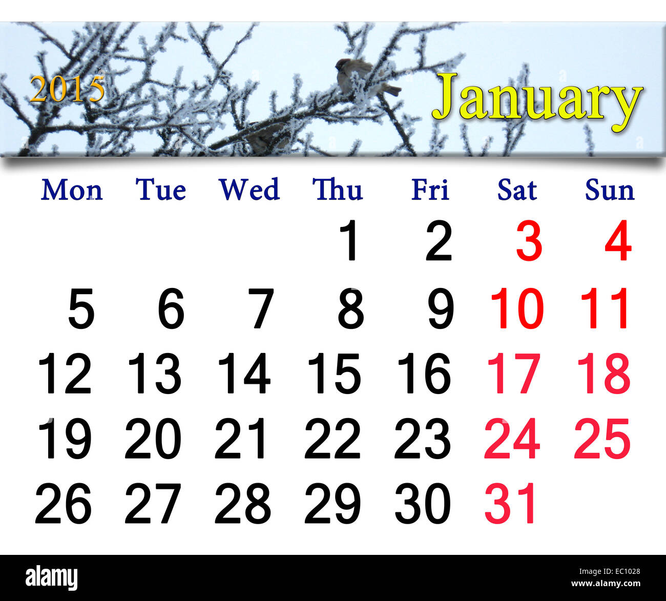 calendar for the January of 2015 with ribbon of flying sparrows above ...