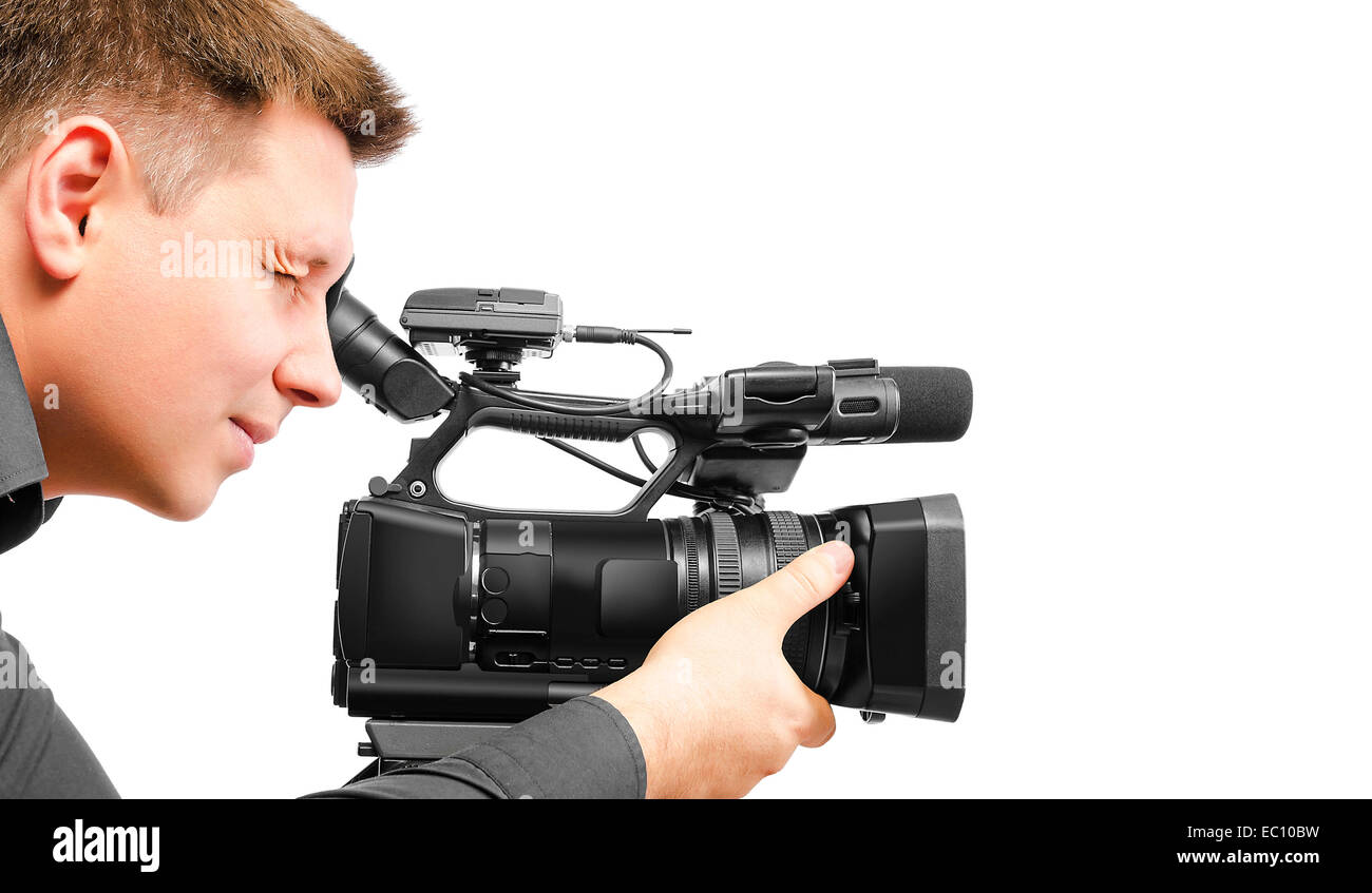 Video camera operator isolated on white background Stock Photo - Alamy