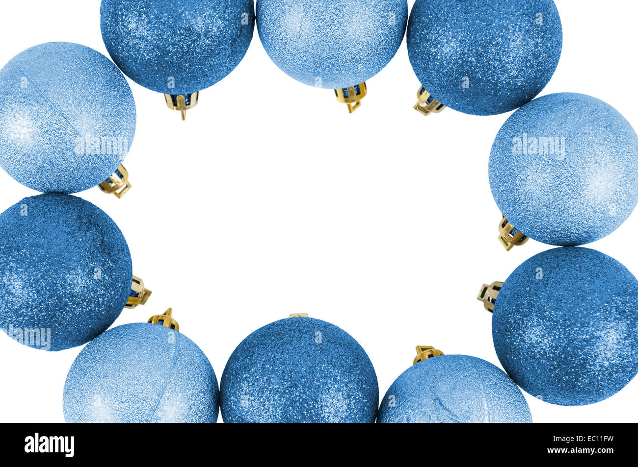 Frame made of blue Christmas baubles isolated on white background with ...