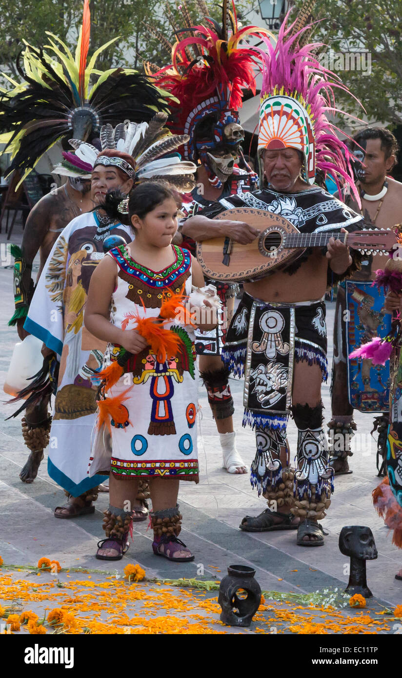 Concheros dancers performing a traditional dance and ceremony on dia de ...