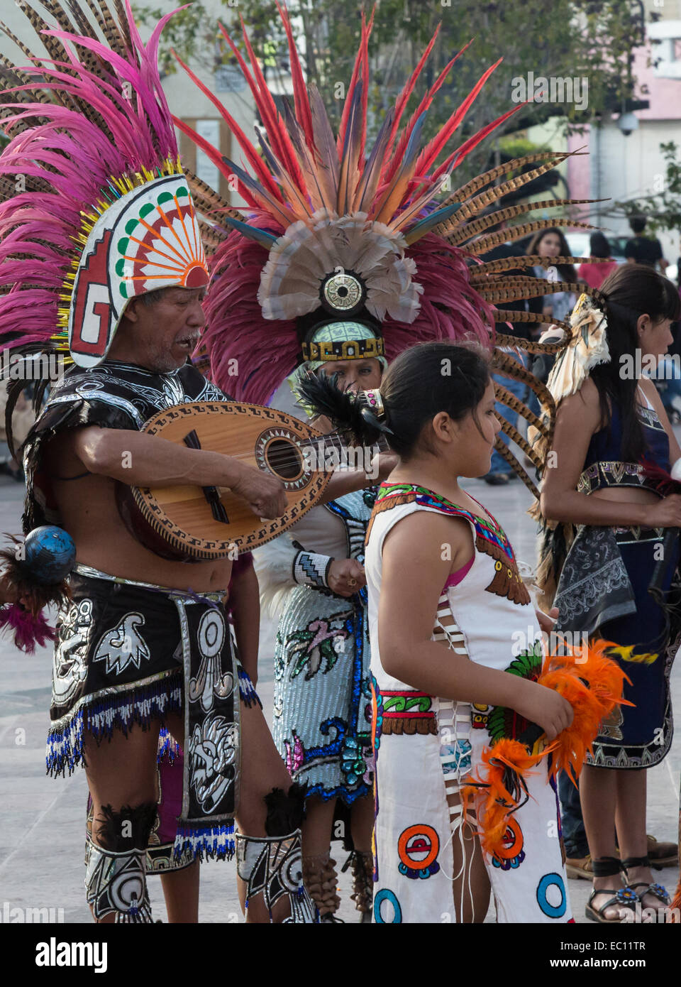 Concheros dancers performing a traditional dance and ceremony on dia de ...