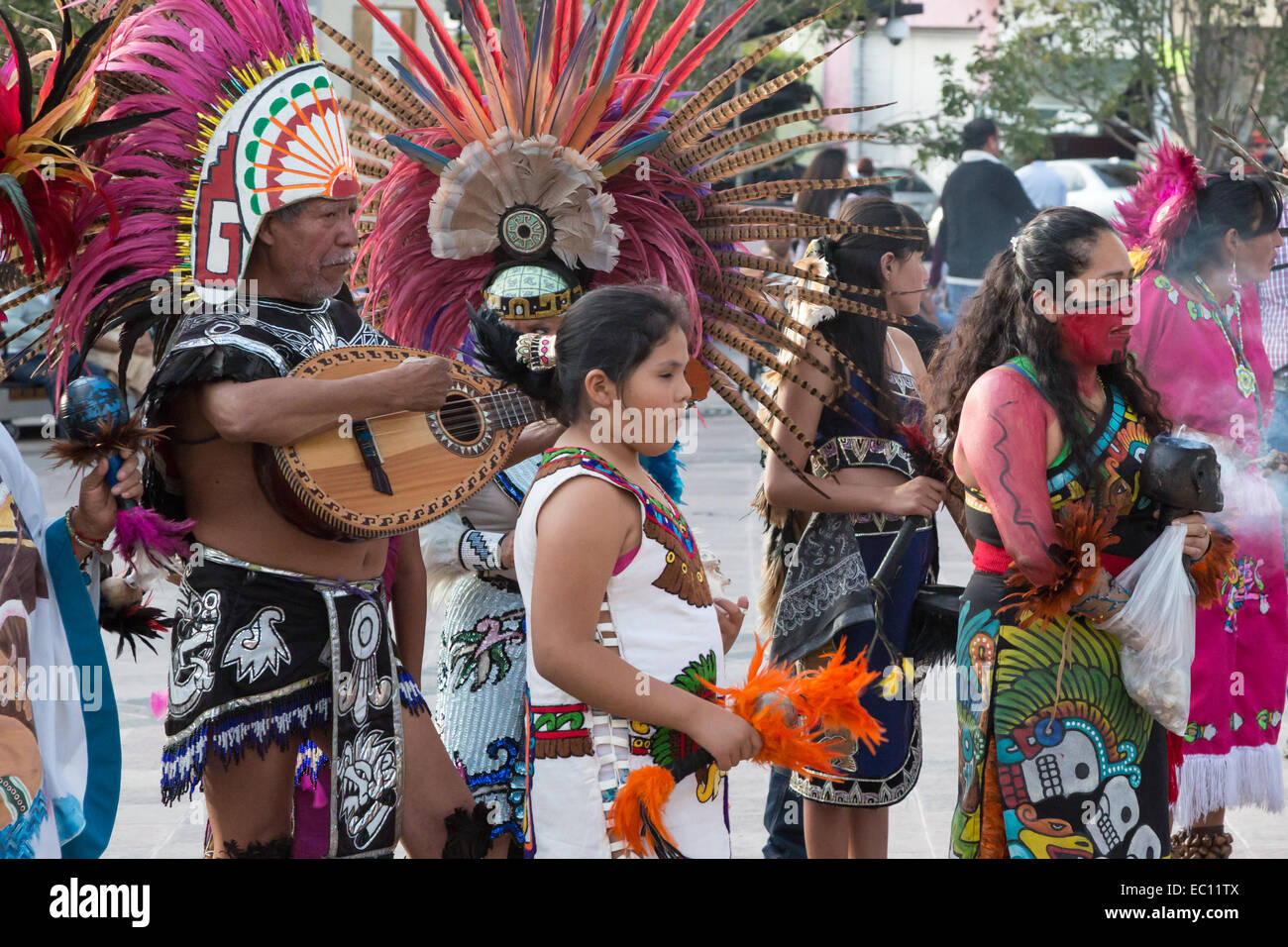 Concheros dancers performing a traditional dance and ceremony on dia de ...