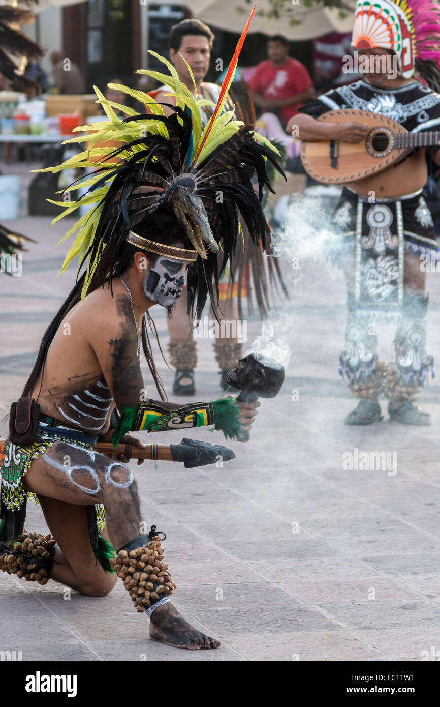 Concheros dancers performing a traditional dance and ceremony on dia de ...