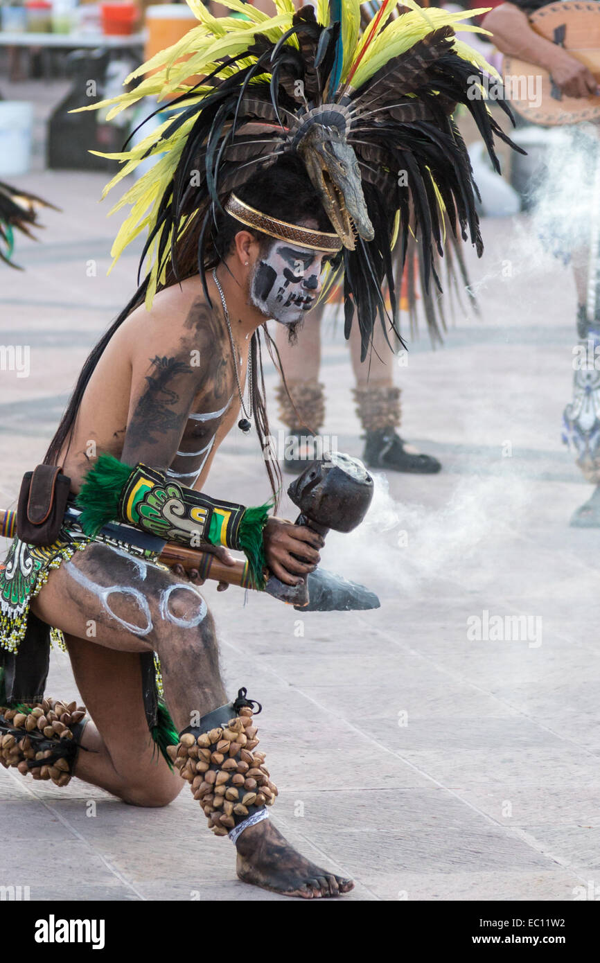 Concheros dancers performing a traditional dance and ceremony on dia de ...