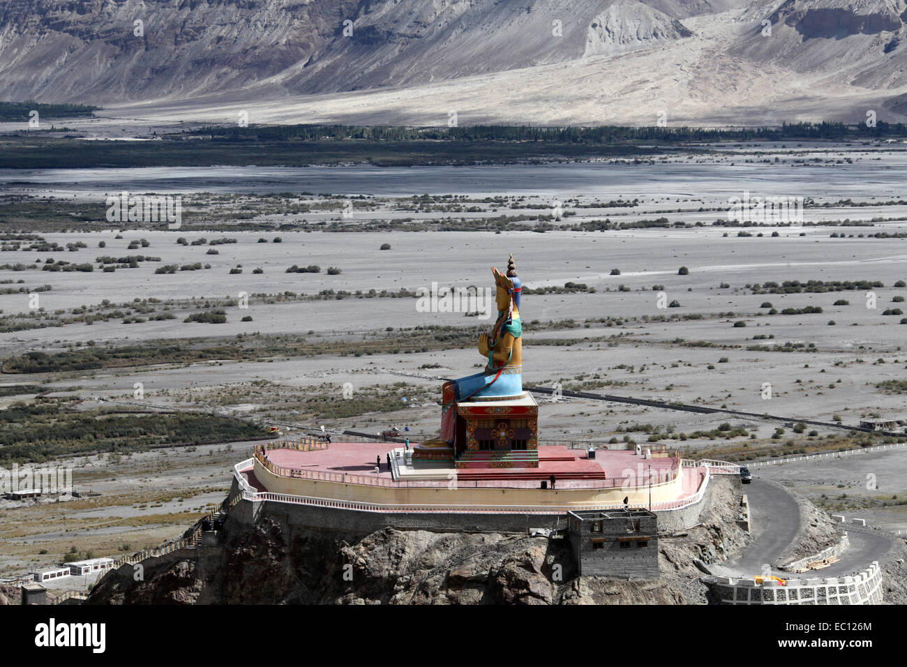 Maitreya Buddha and flood plain of the Shyok River in the Nubra Valley ...