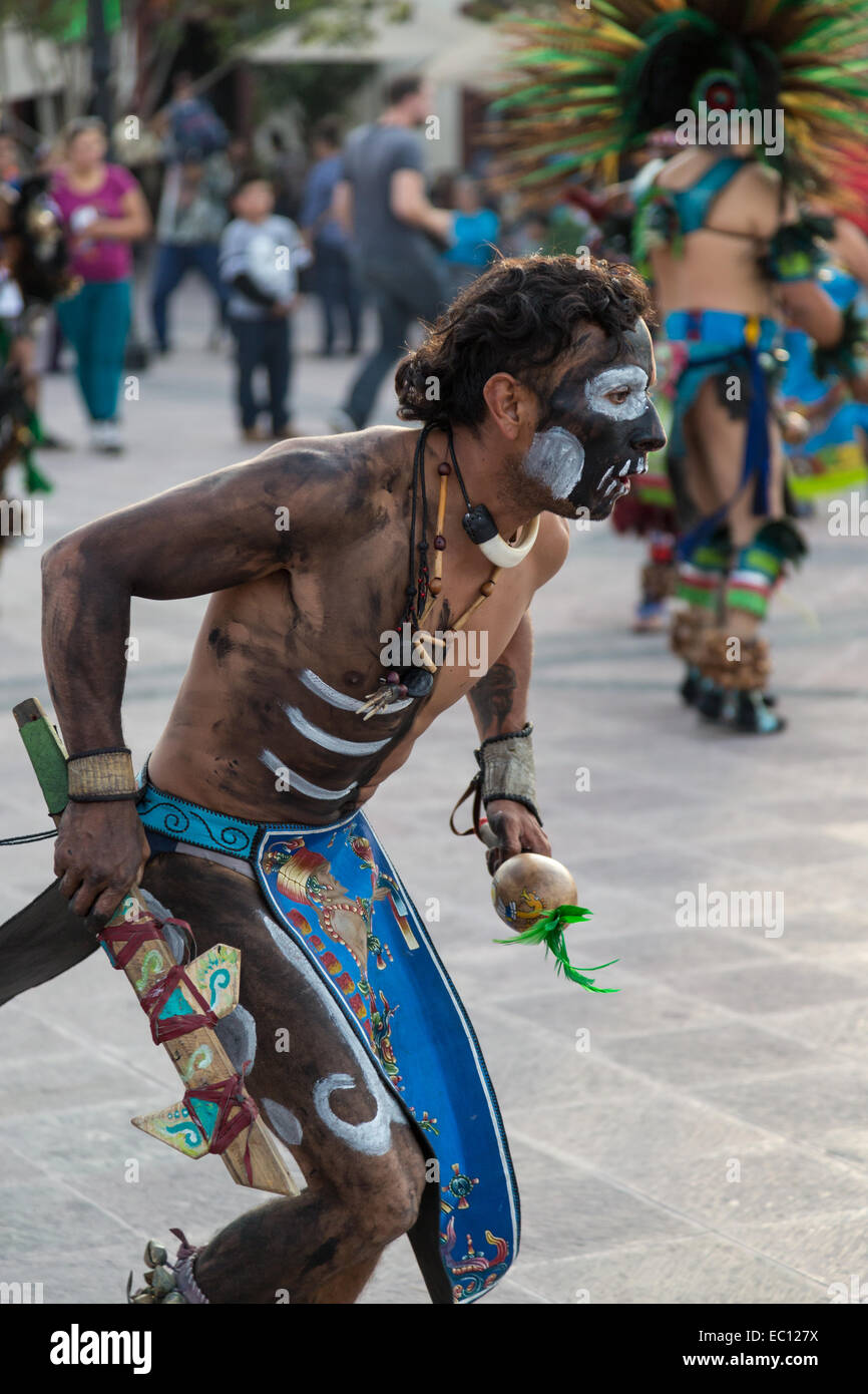 Concheros dancers performing a traditional dance and ceremony on dia de ...