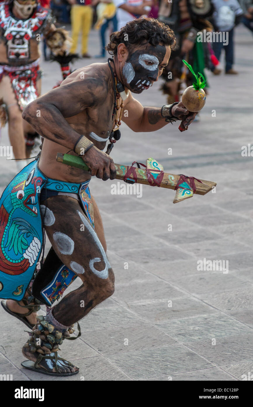 Concheros dancers performing a traditional dance and ceremony on dia de ...
