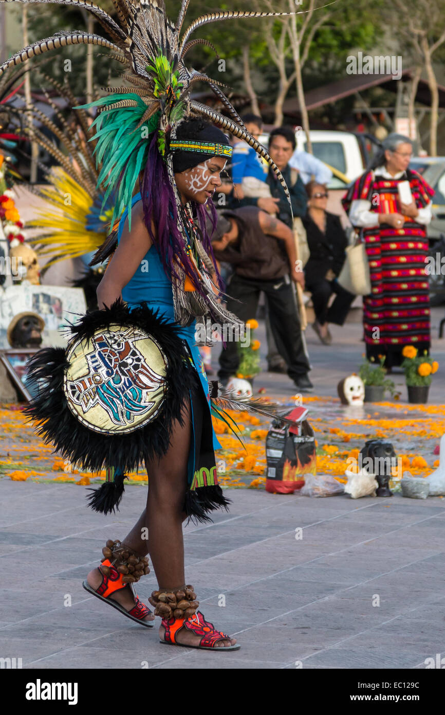 Concheros dancers performing a traditional dance and ceremony on dia de ...