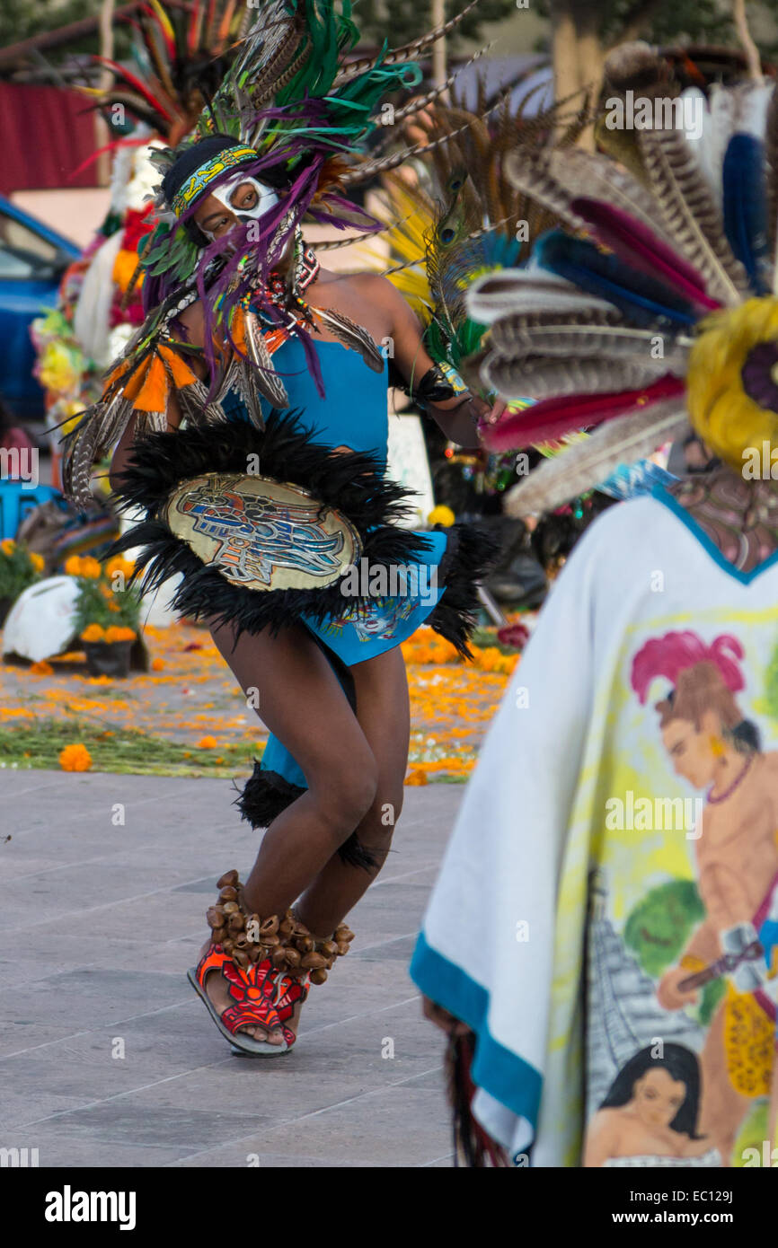 Concheros dancers performing a traditional dance and ceremony on dia de ...
