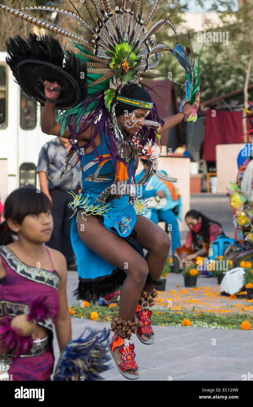 Concheros dancers performing a traditional dance and ceremony on dia de ...
