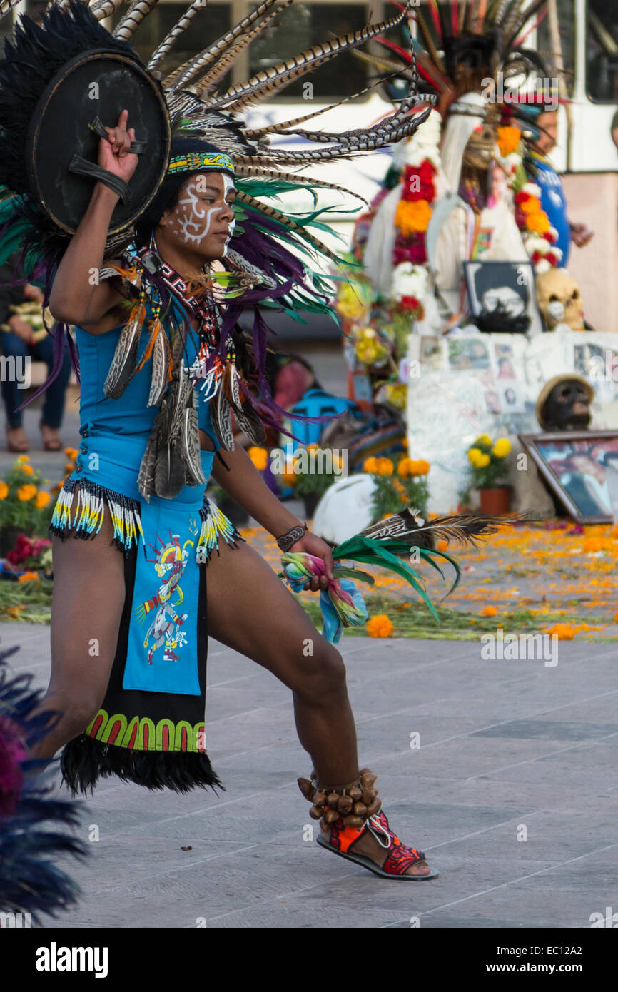 Concheros dancers performing a traditional dance and ceremony on dia de ...