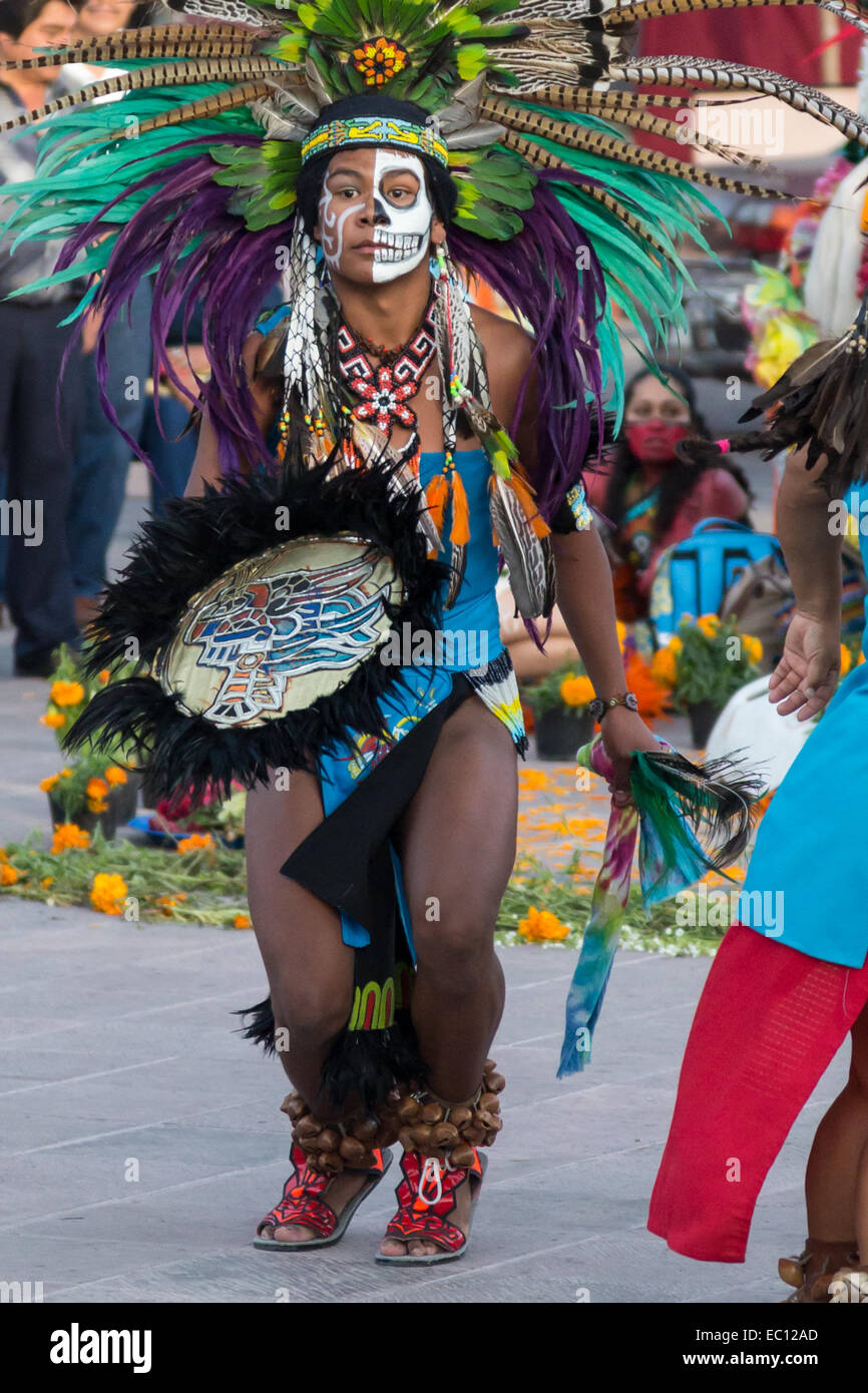 Concheros dancers performing a traditional dance and ceremony on dia de ...