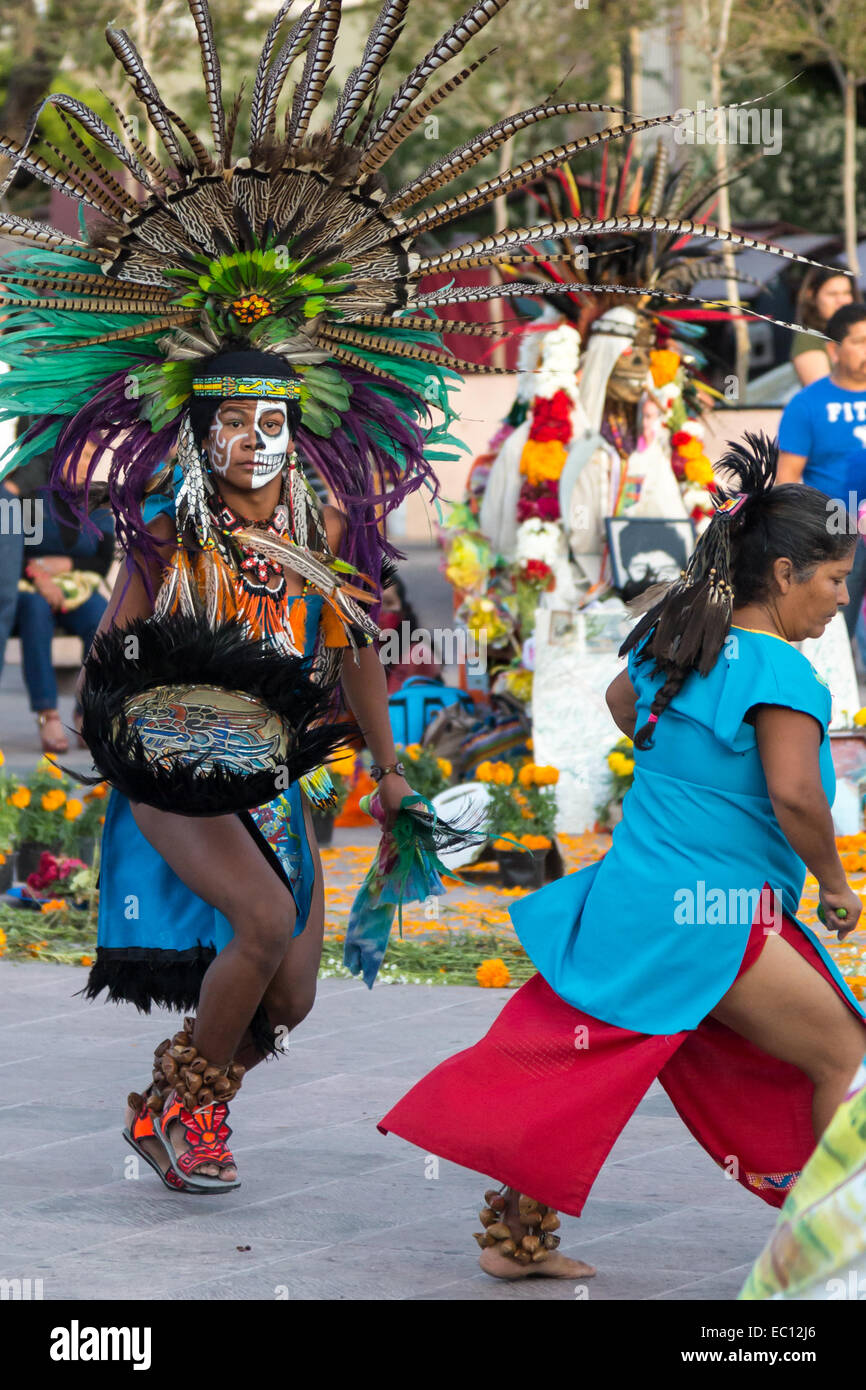 Concheros dancers performing a traditional dance and ceremony on dia de ...