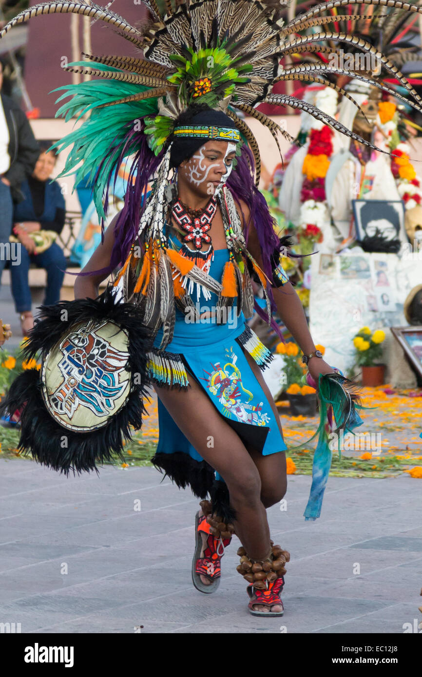 Concheros dancers performing a traditional dance and ceremony on dia de ...