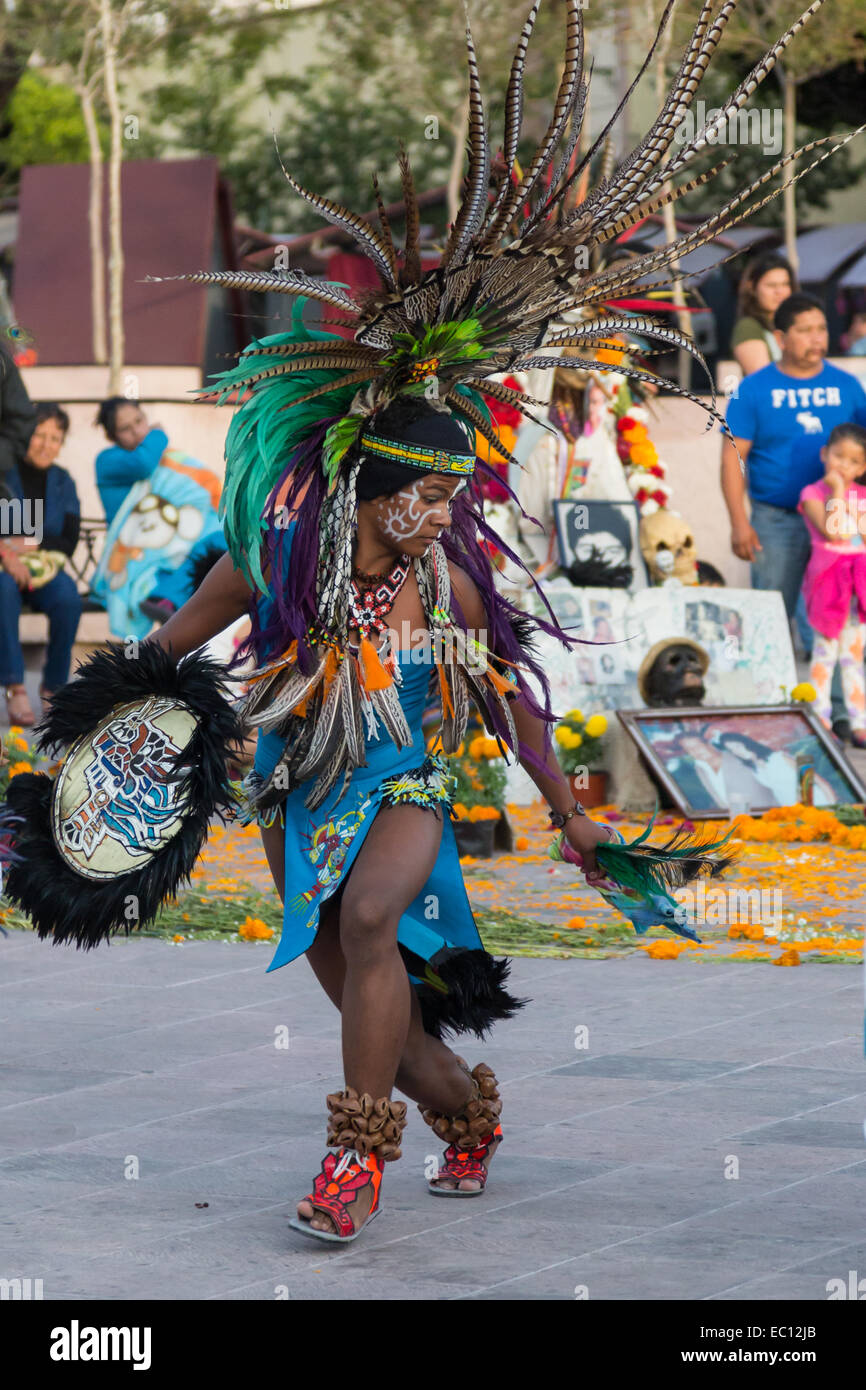 Concheros dancers performing a traditional dance and ceremony on dia de ...