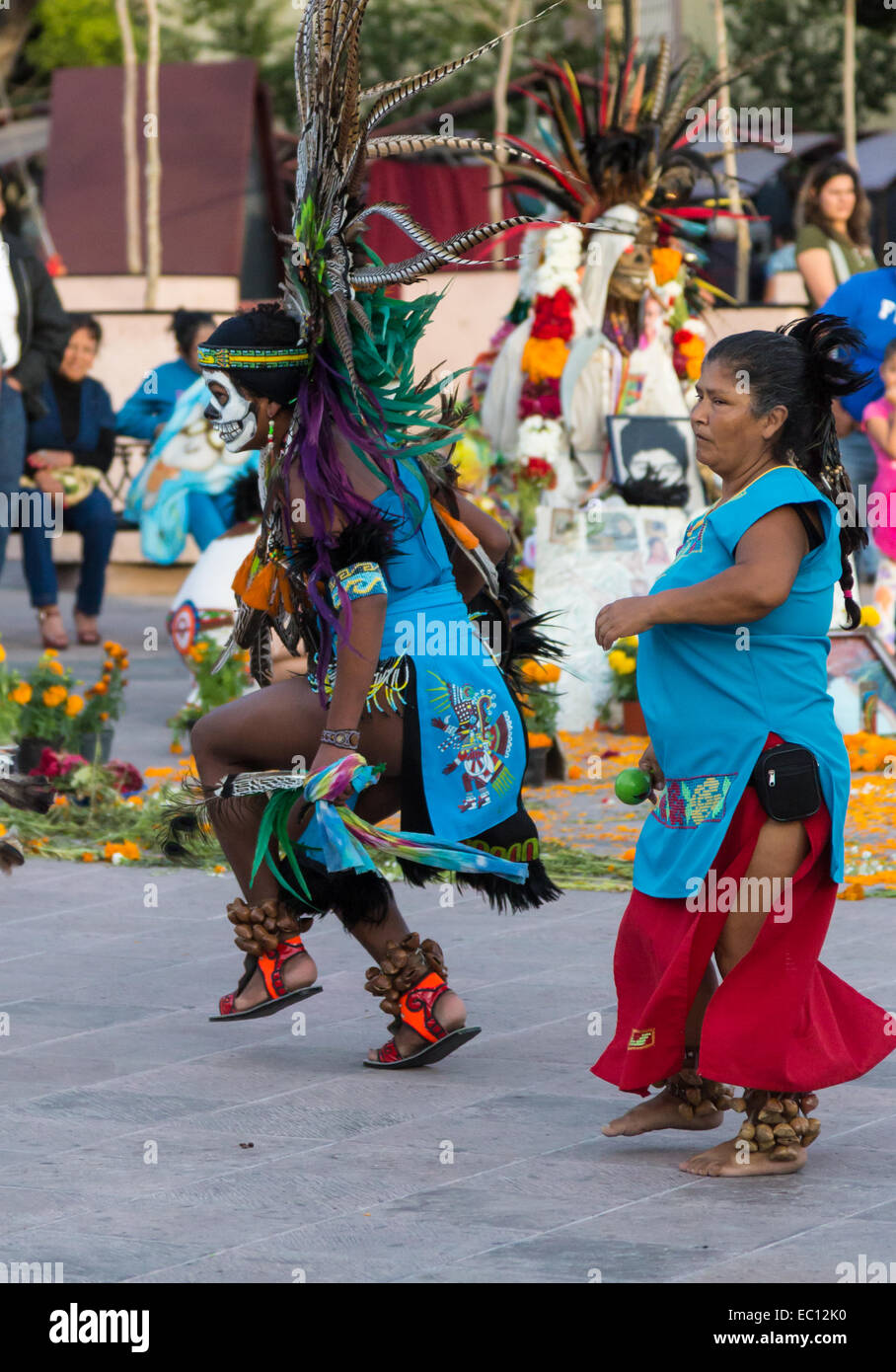 Concheros dancers performing a traditional dance and ceremony on dia de ...