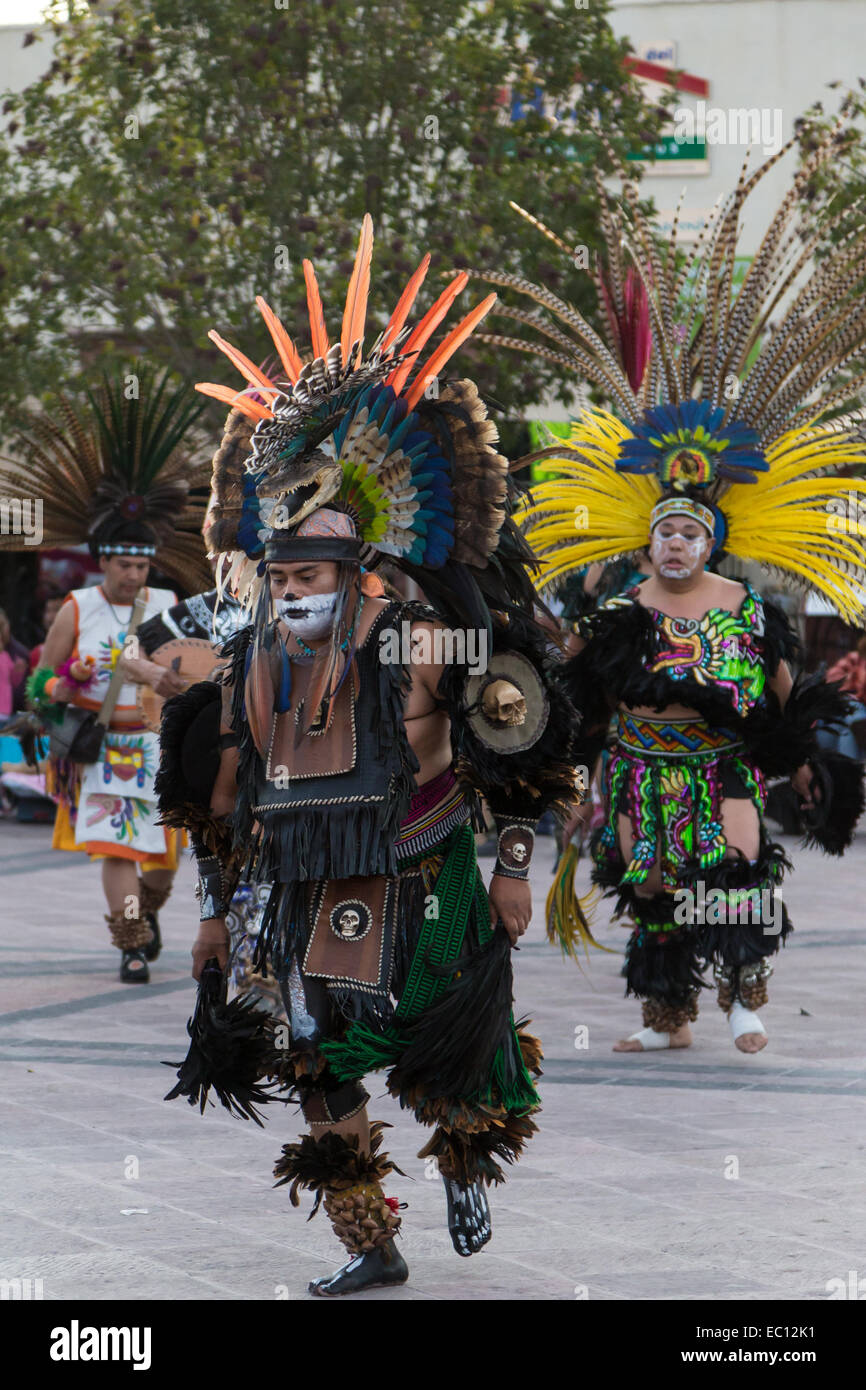 Concheros dancers performing a traditional dance and ceremony on dia de ...