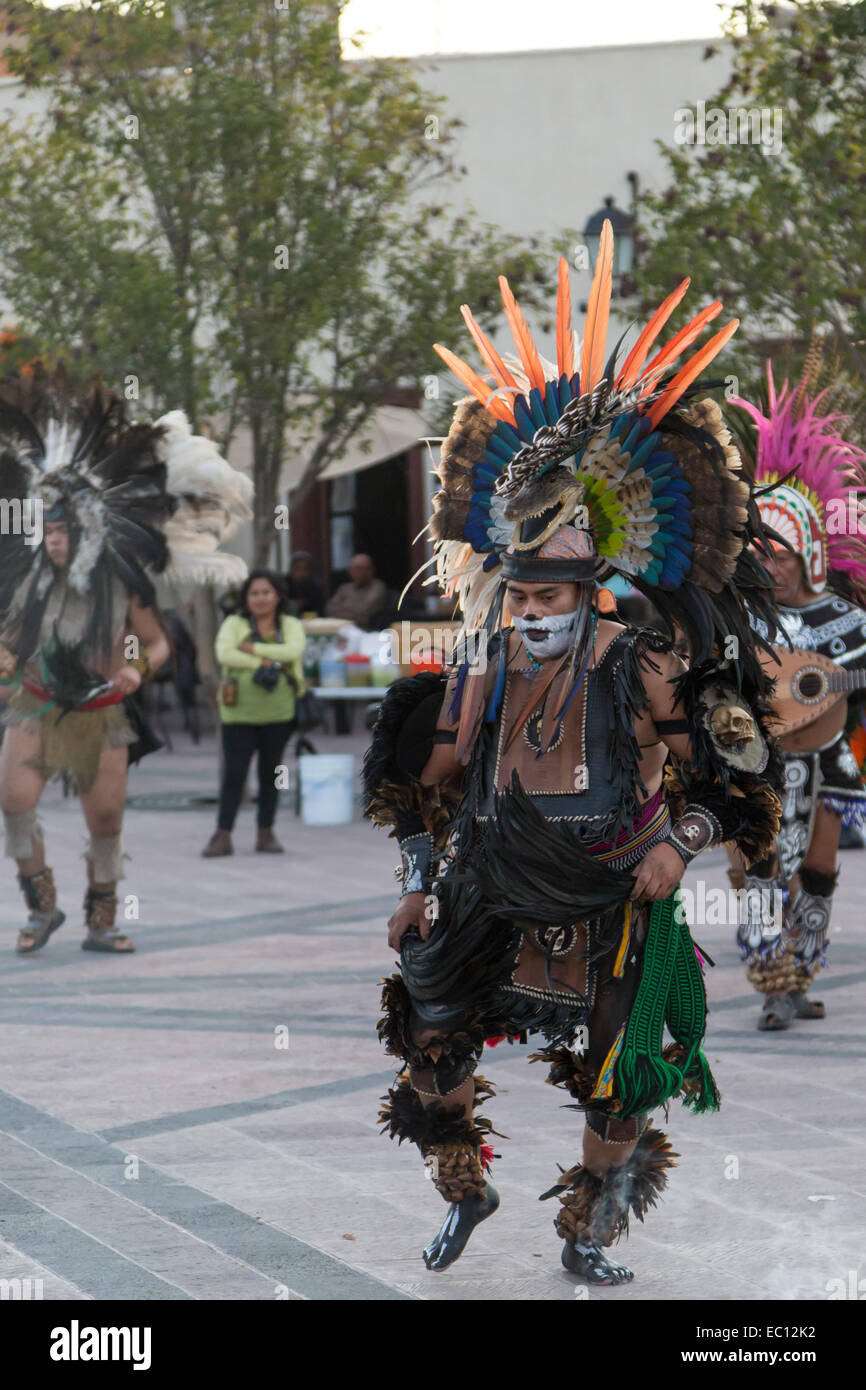 Concheros dancers performing a traditional dance and ceremony on dia de ...
