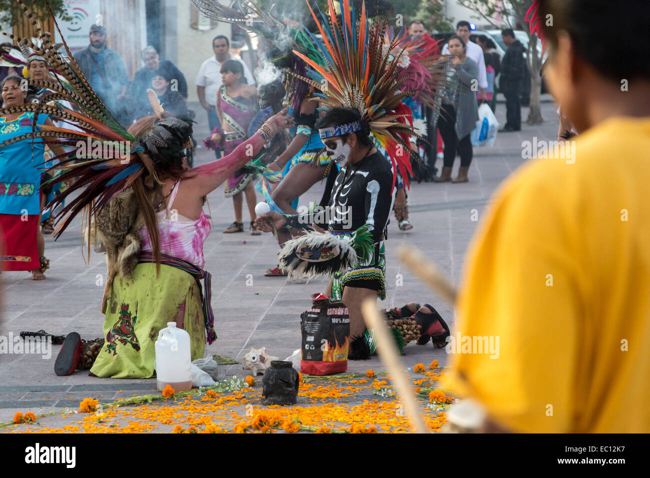Concheros dancers performing a traditional dance and ceremony on dia de ...