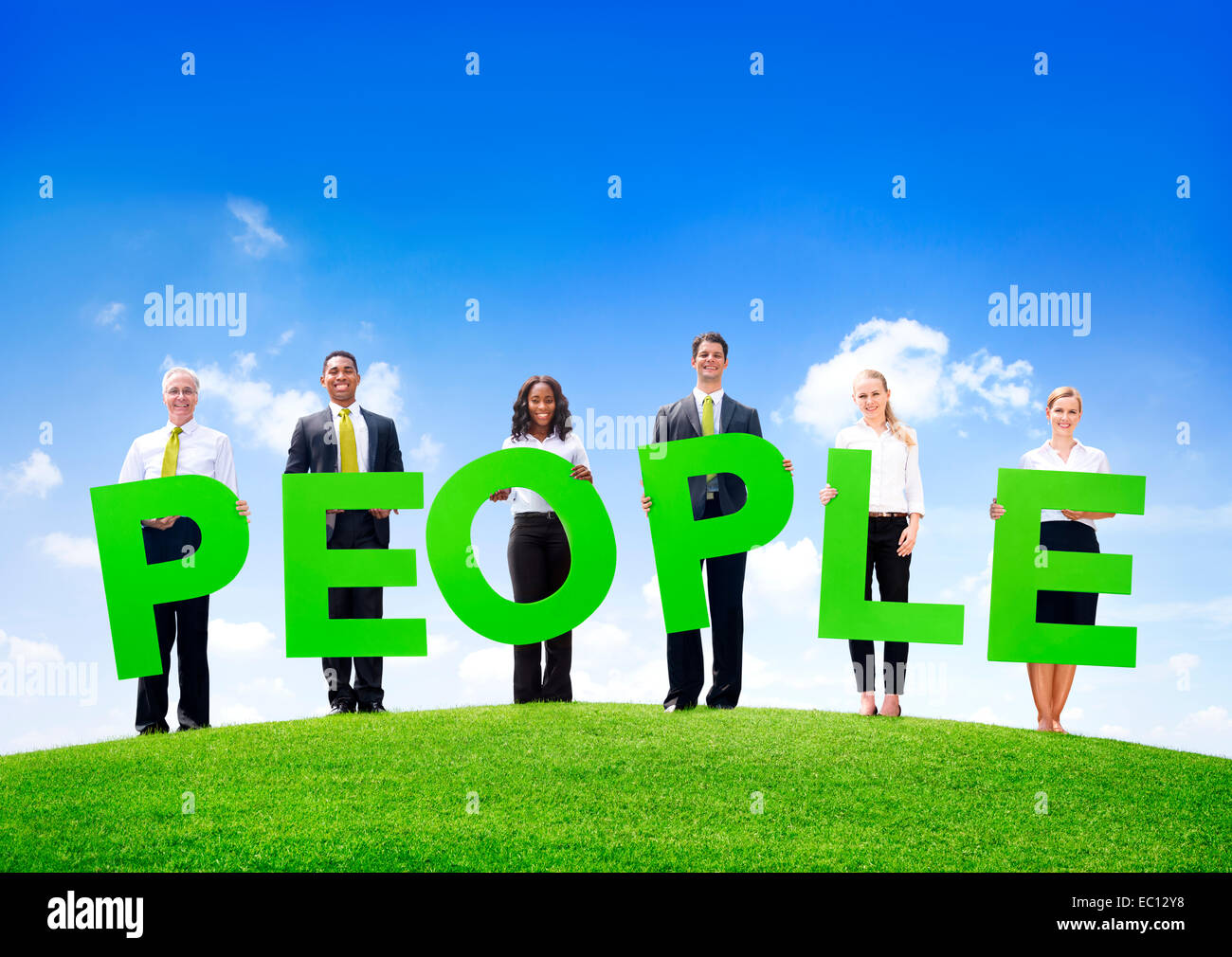 Business People Outdoors Holding the Text People Stock Photo - Alamy