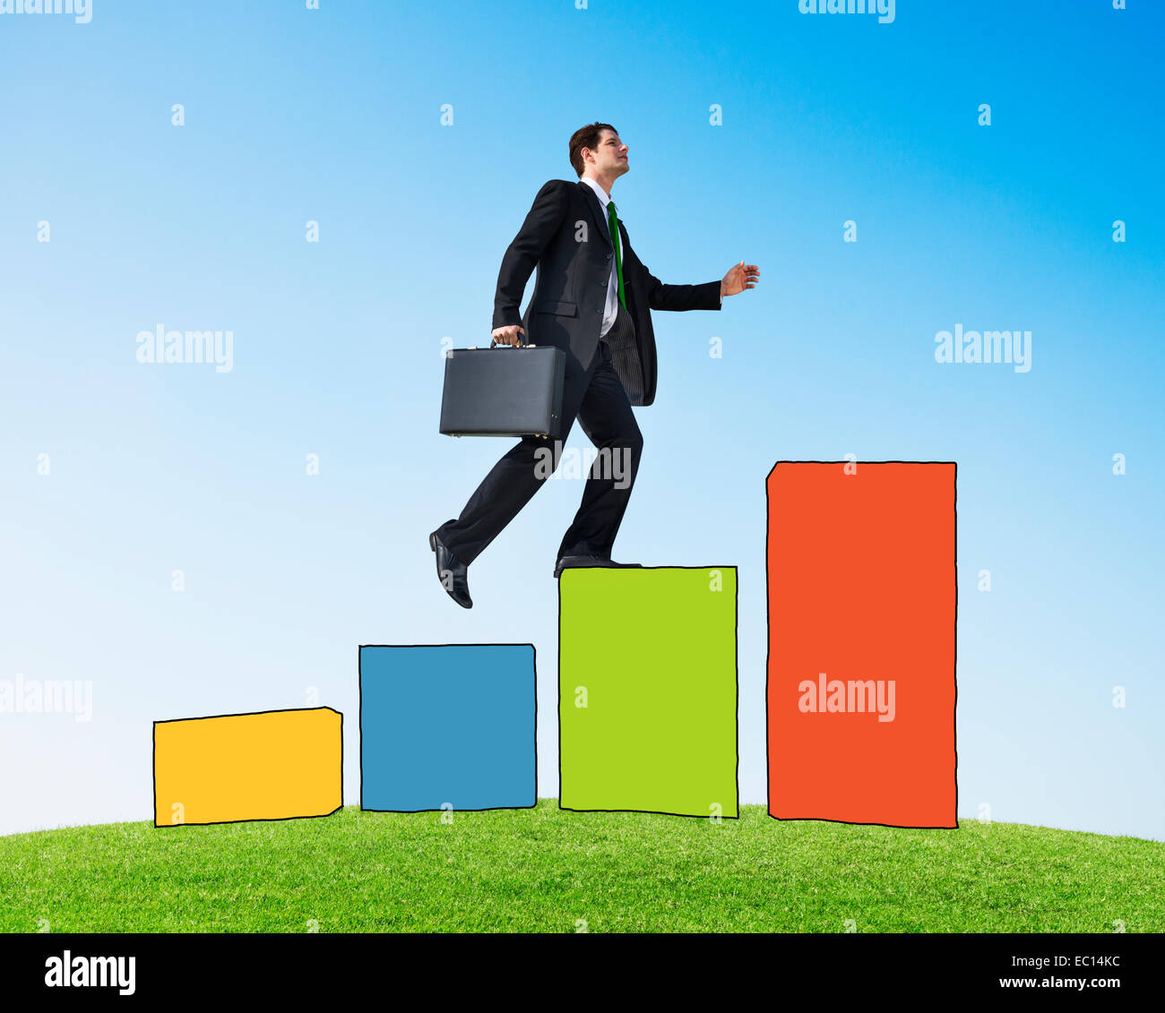 Businessman on a Bar Graph Moving Up Stock Photo - Alamy
