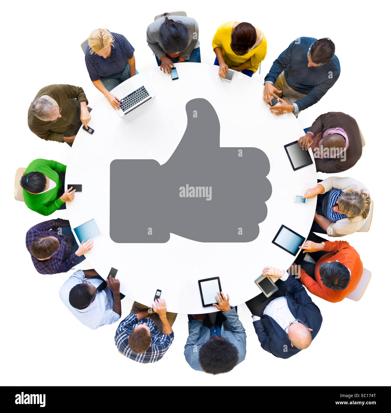 Diverse People Using Digital Devices with Thumbs Up Symbol Stock Photo ...