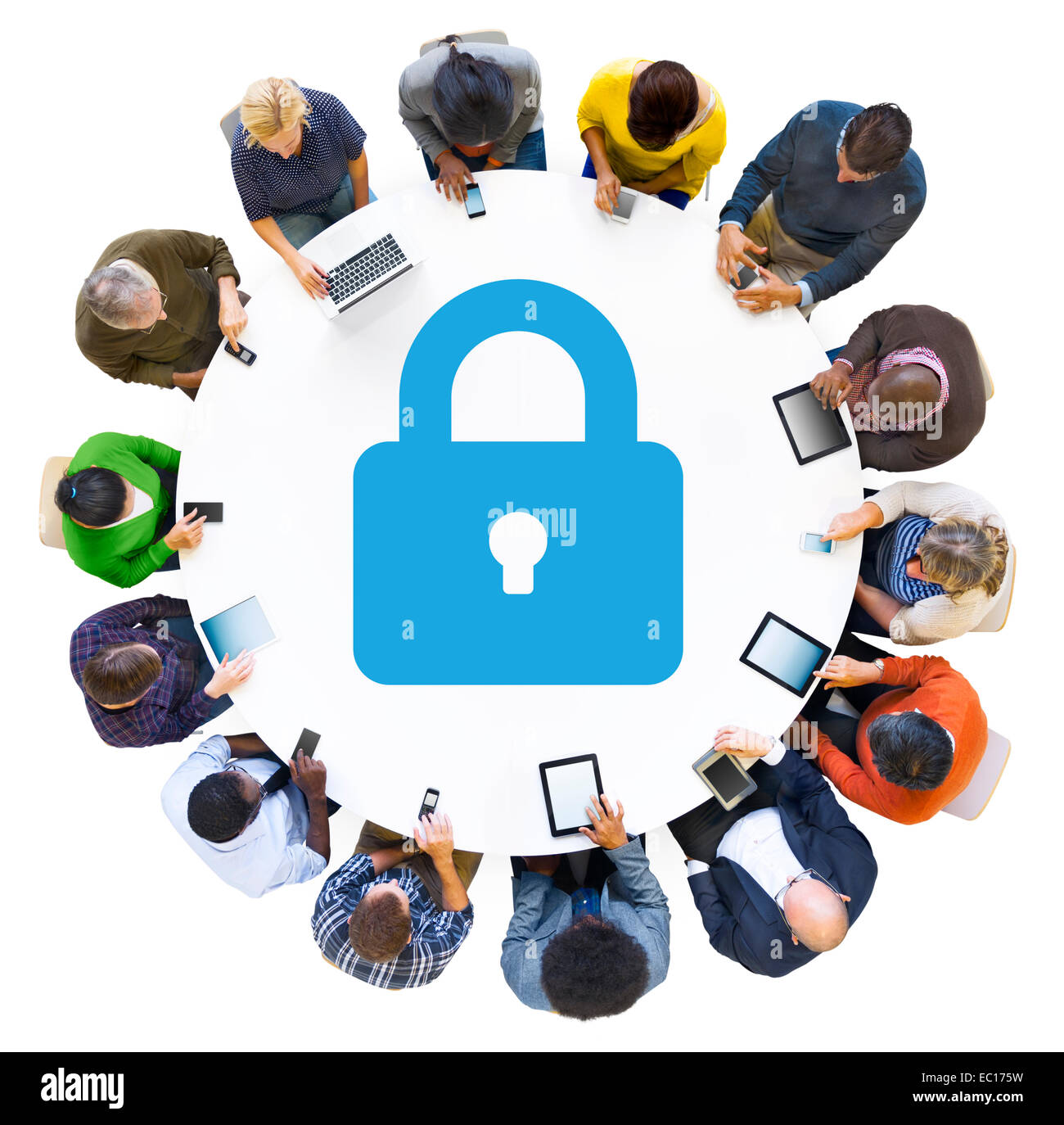 Diverse People Using Digital Devices with Security Symbol Stock Photo ...