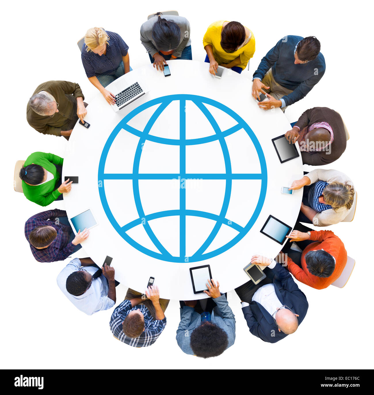 Diverse People Using Digital Devices with World Symbol Stock Photo - Alamy