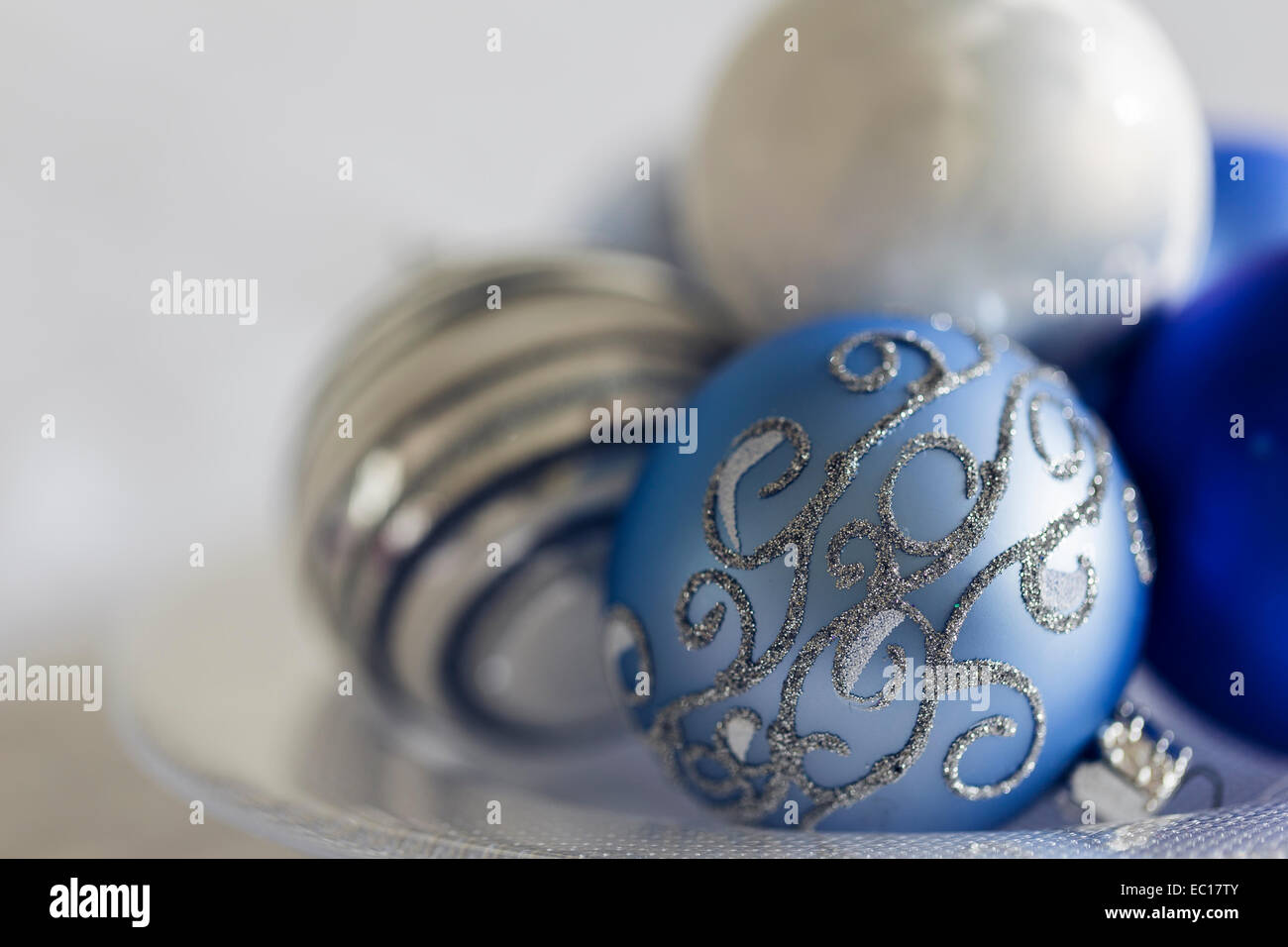Blue, silver and white Christmas decorations Stock Photo - Alamy