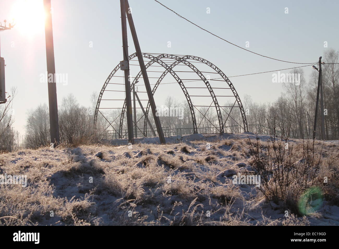 metal construction of open stage stay on covering snow field Stock ...