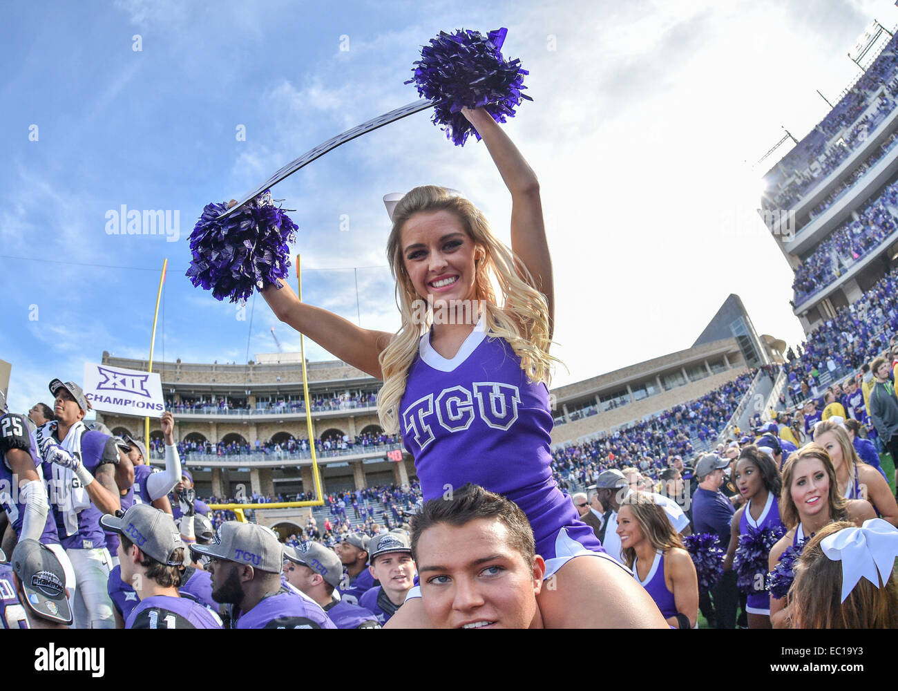 TCU Cheerleaders and Show Girls pose with the Big-12 trophy after an ...
