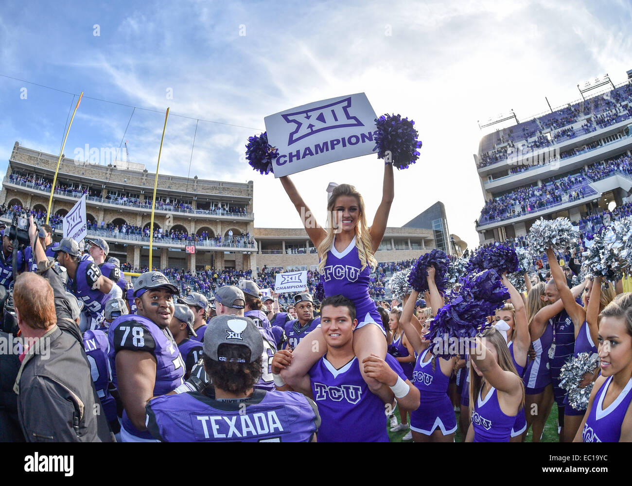 TCU Cheerleaders and Show Girls pose with the Big-12 trophy after an ...