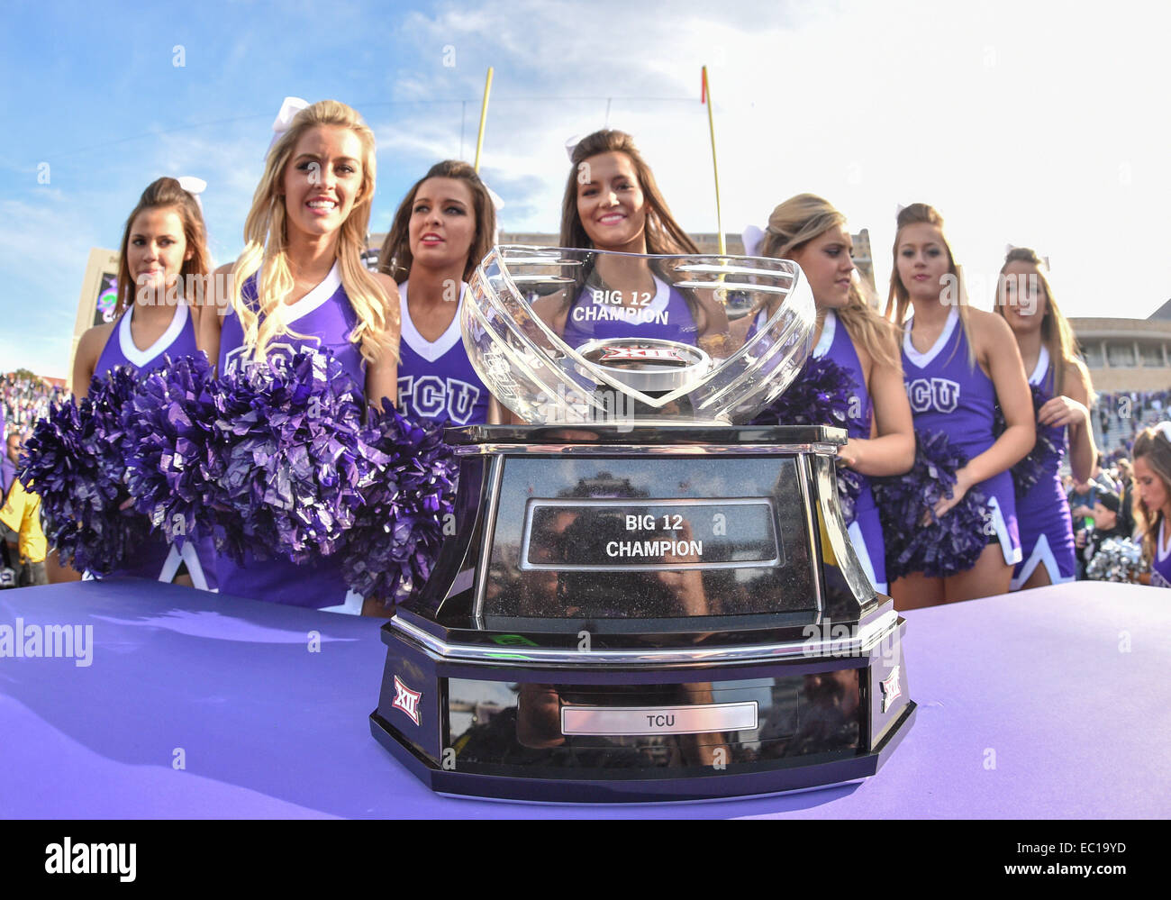TCU Cheerleaders and Show Girls pose with the Big-12 trophy after an ...