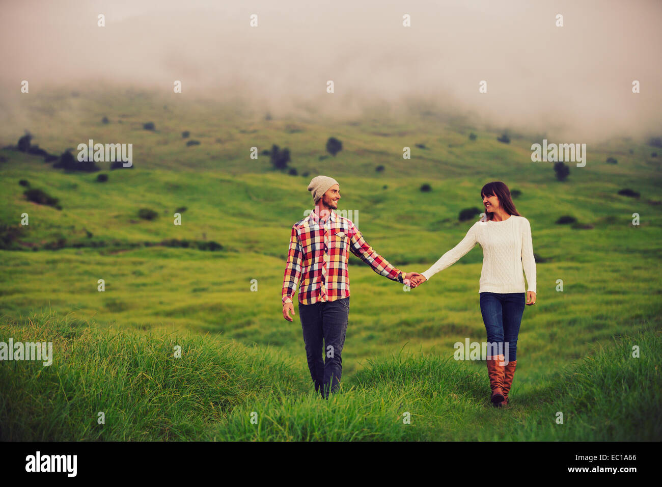 Romantic Young Couple in Love Outdoors in the Countryside Stock Photo ...