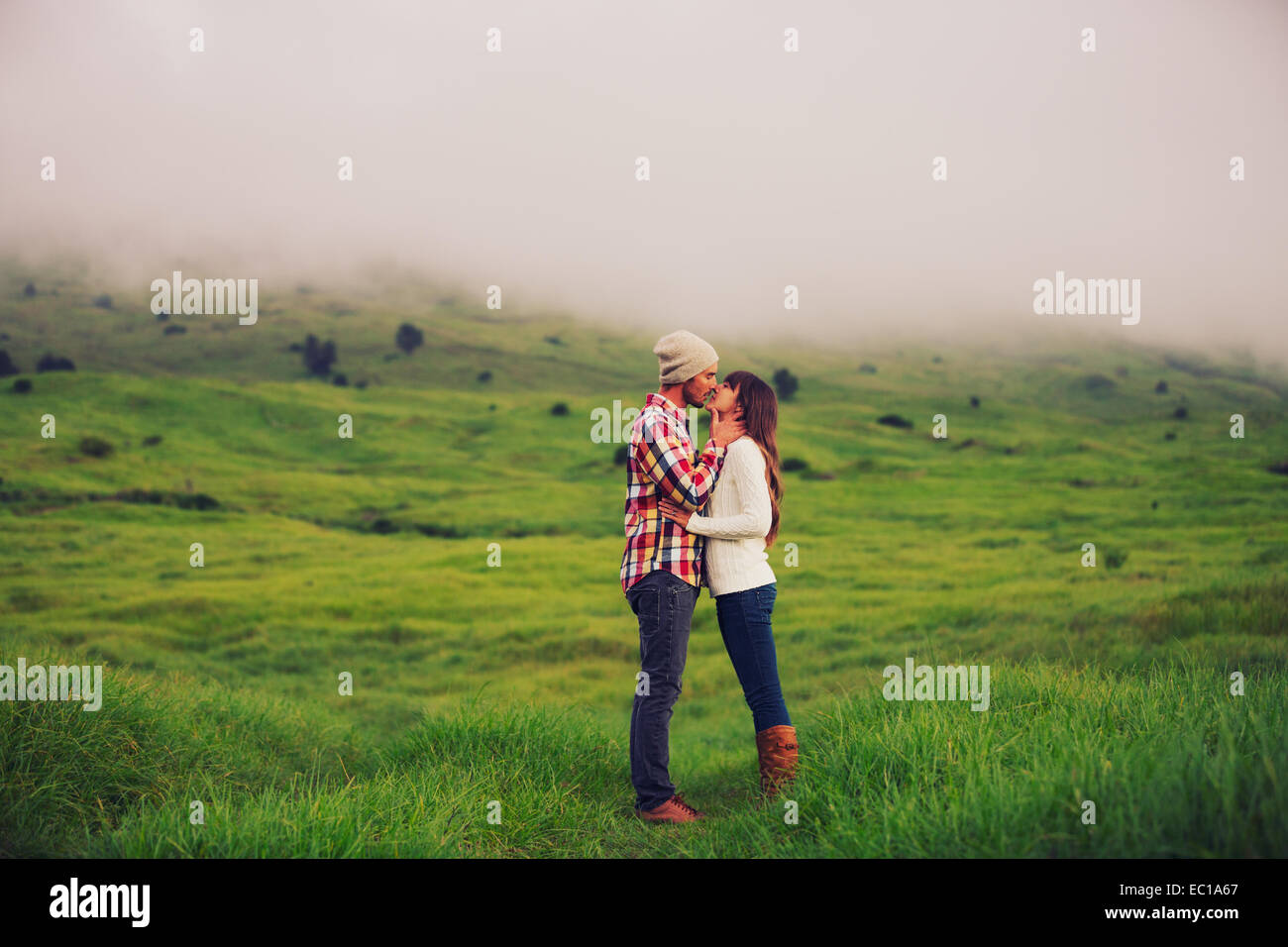 Romantic Young Couple in Love Outdoors in the Countryside Stock Photo ...